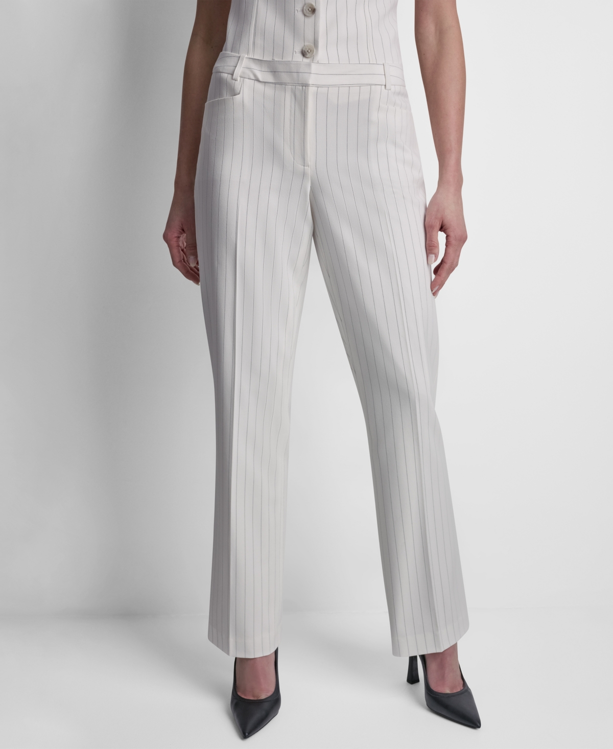 Click here for Dkny Womens Pinstripe Flared Fit Pants - Ivory / B... prices