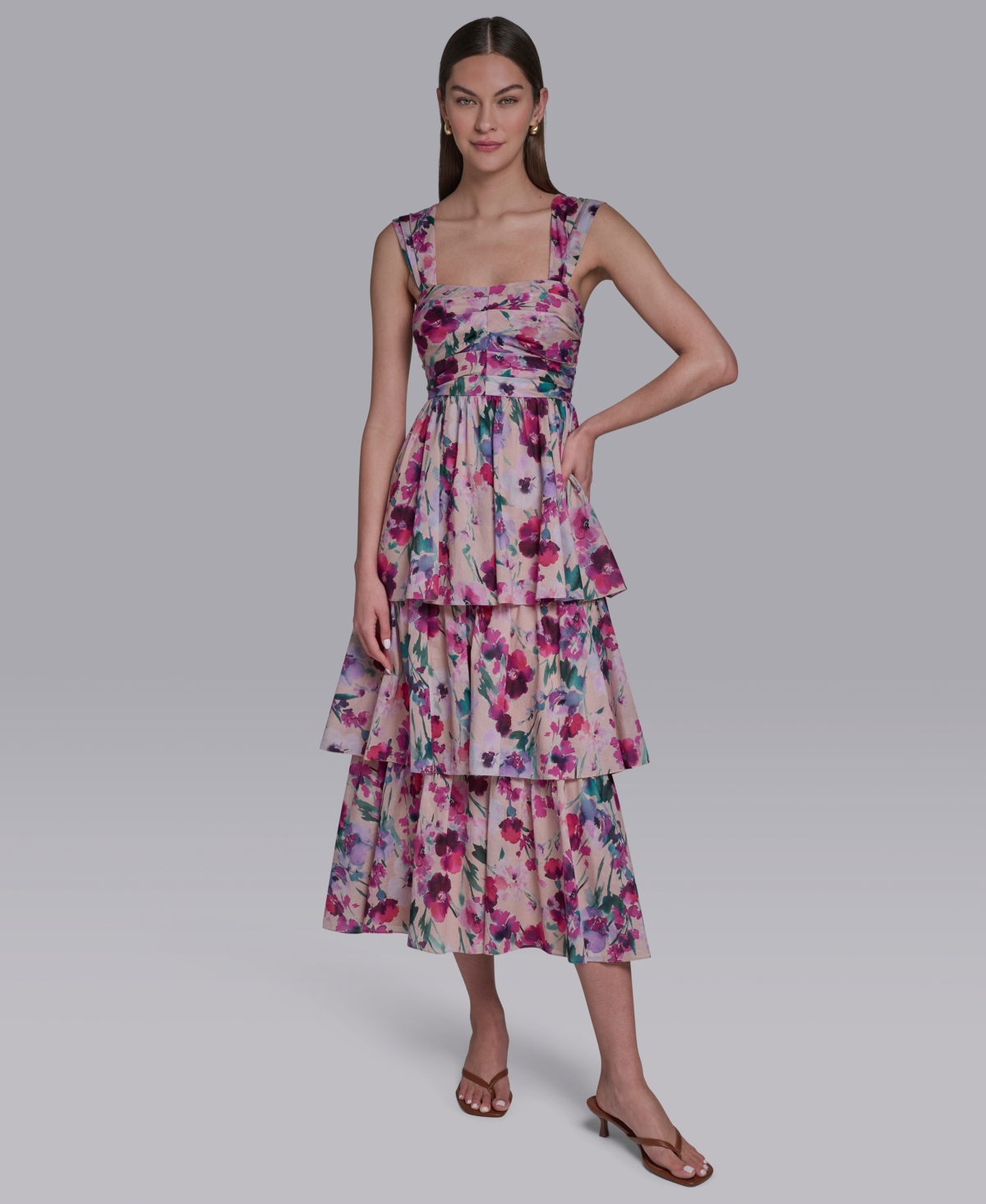 Click here for Halston Womens Square Neck Midi Dress - Blush Mult... prices