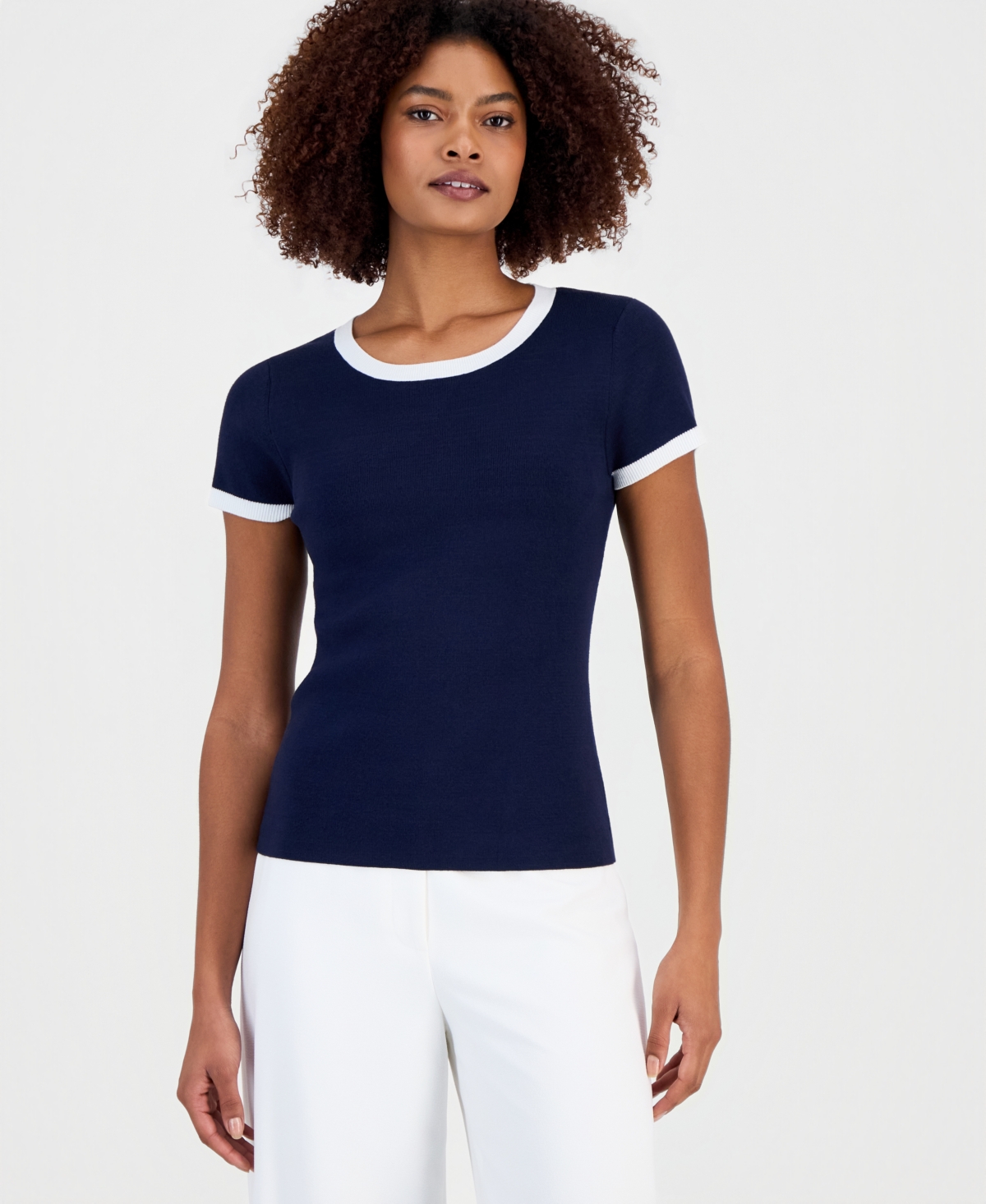 Click here for T Tahari Womens Contrast-Trim Short-Sleeve Knit To... prices