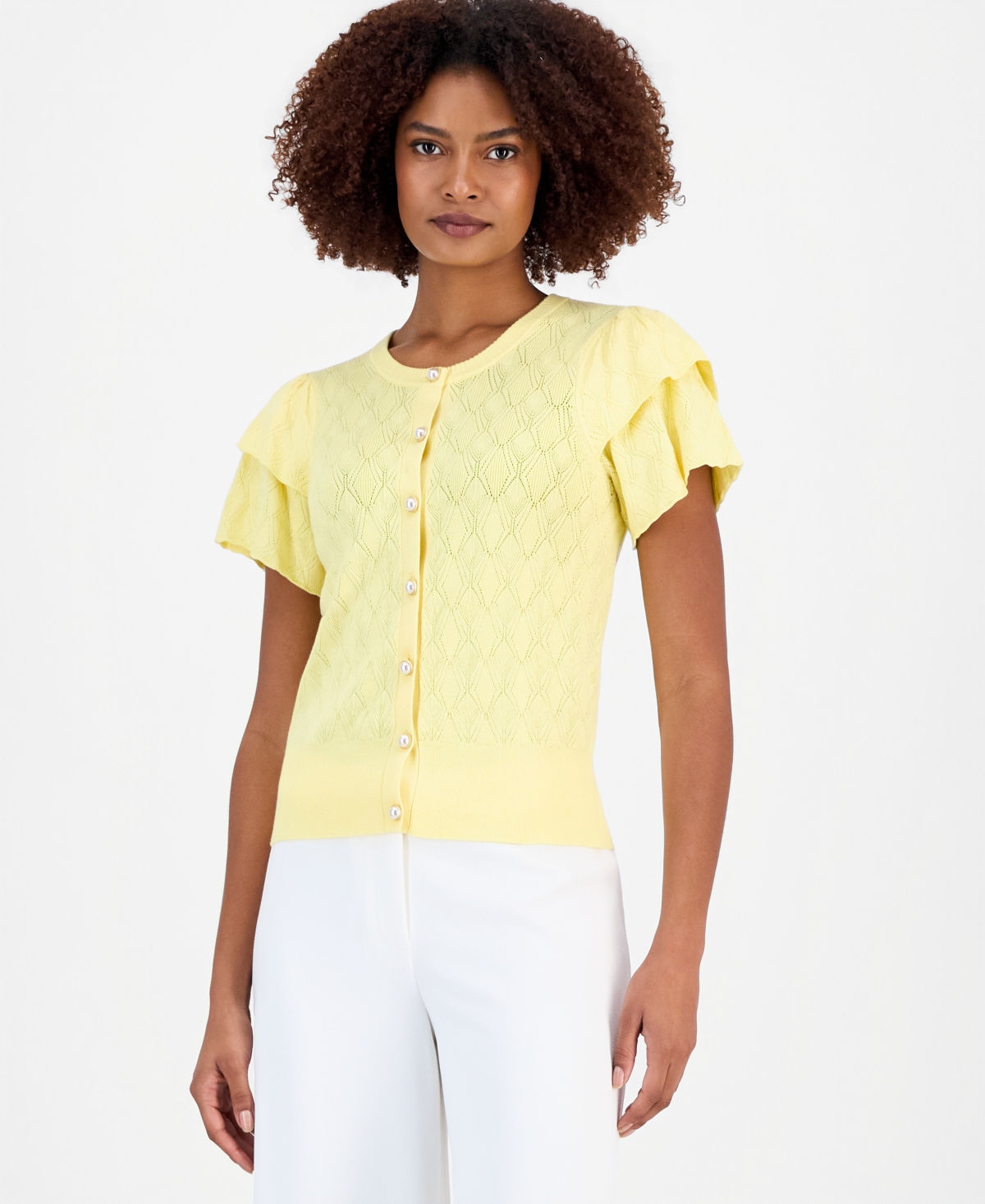 Click here for T Tahari Womens Pointelle Flutter-Sleeve Cardigan... prices