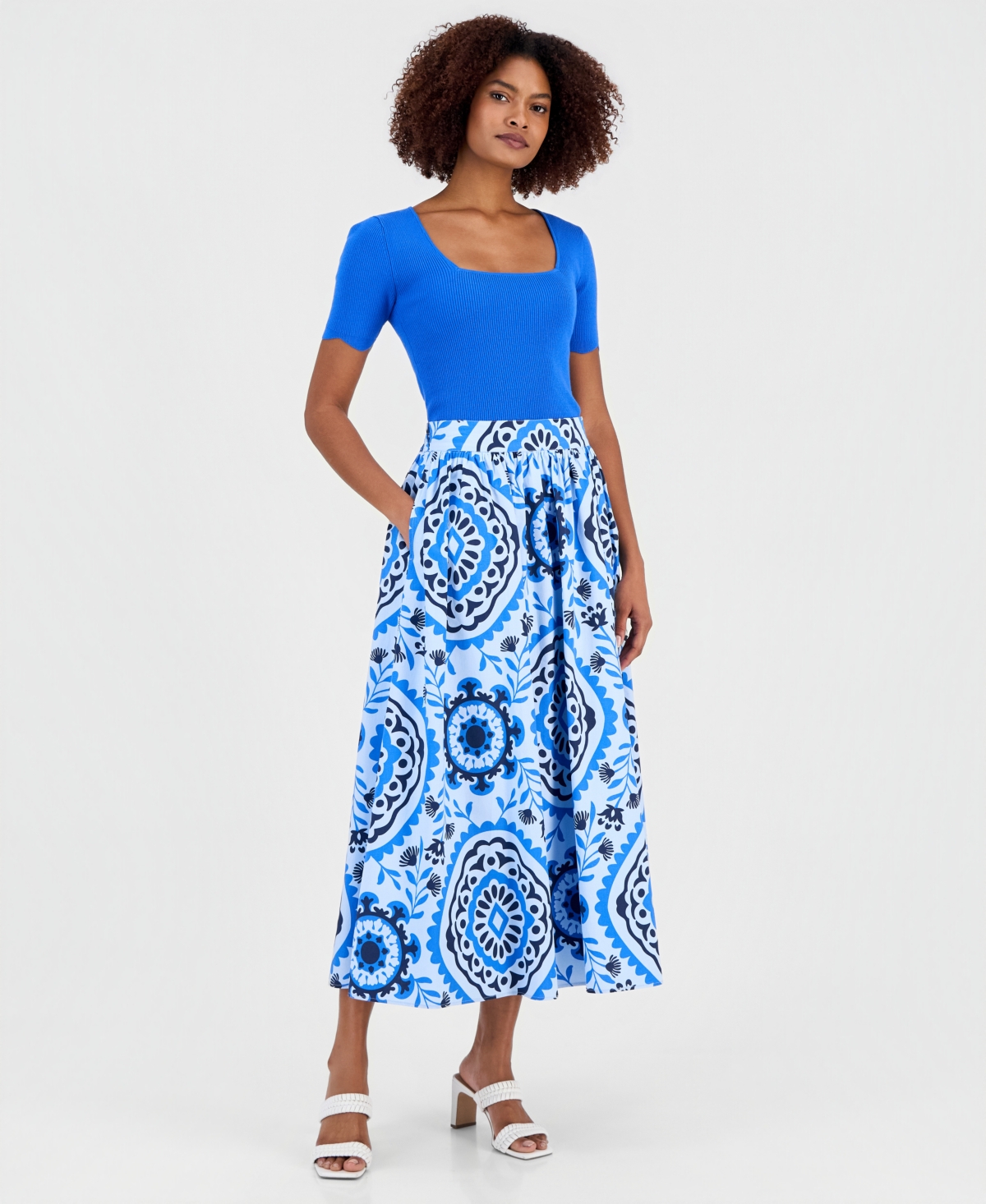 Click here for T Tahari Womens Printed Pull-On Midi Skirt - Ocean... prices