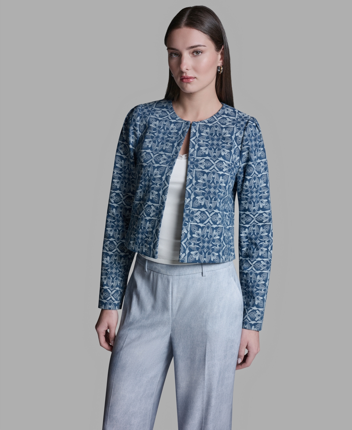 Click here for Bcbg Womens Boxy Square Print Jacket - Light Indig... prices