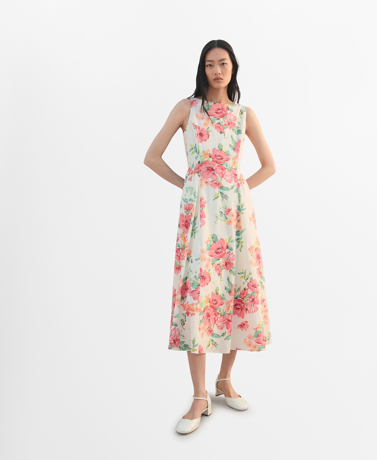 Click here for Mango Womens Floral-Print Flared Dress - Off White prices