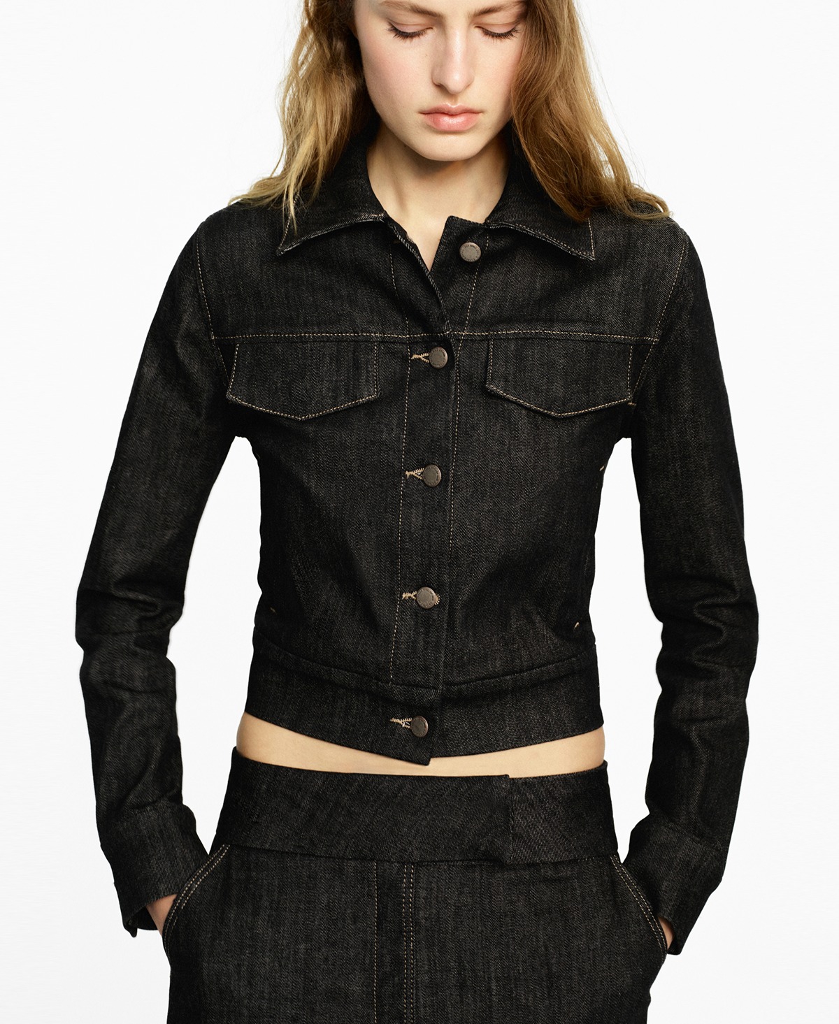 Click here for Mango Womens Pockets Fitted Denim Jacket - Black prices