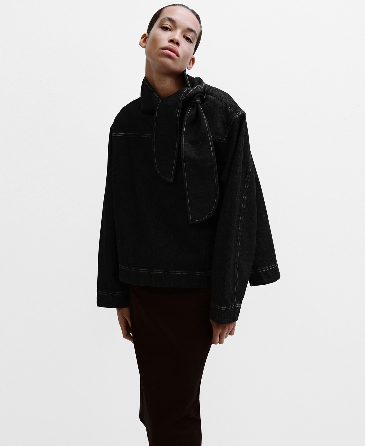 Click here for Mango Womens Knot Neck Denim Blouse - Black prices