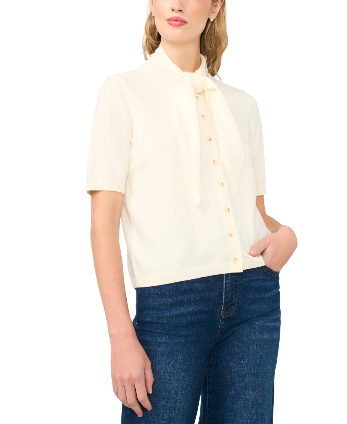 Click here for CeCe Womens Tie Neck Front Button Cardigan - Butte... prices