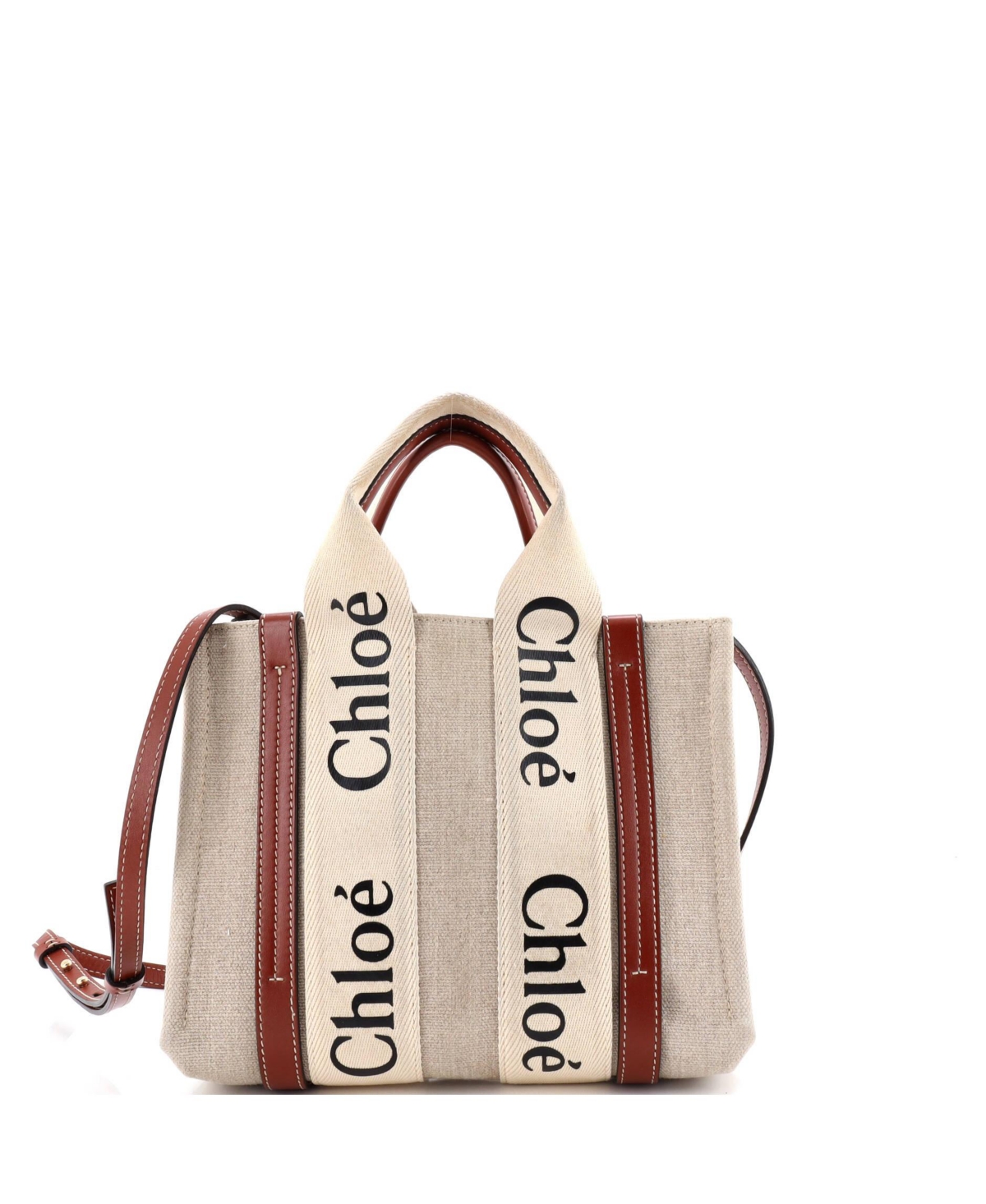 Click here for Pre-Owned Chloe Small Woody Tote Canvas with Leath... prices
