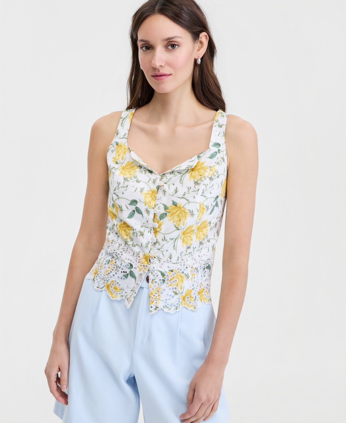Click here for On 34th Womens Cotton Button-Front Cutwork Tank To... prices