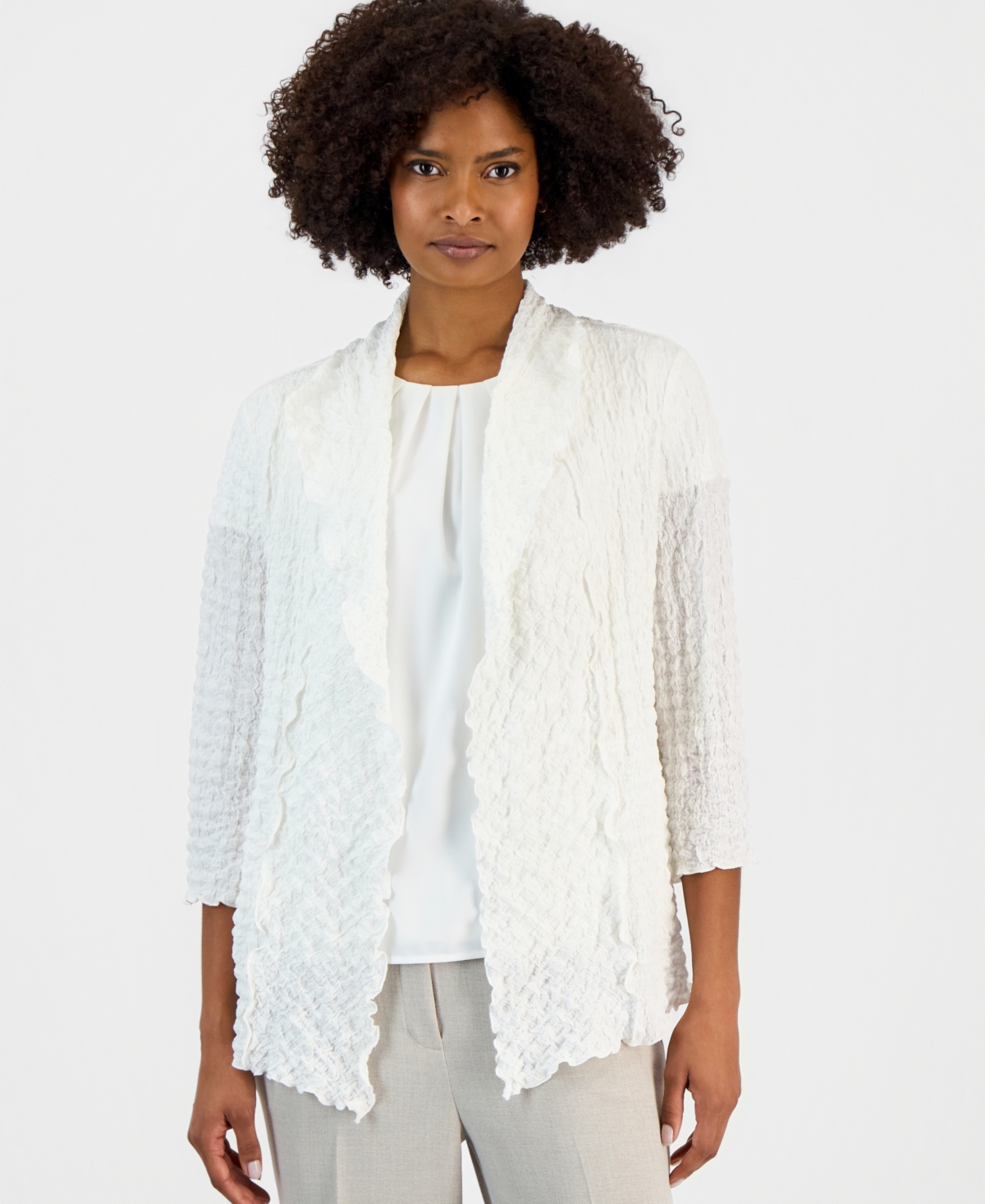 Click here for Kasper Womens Collared Open-Front Jacket - Vanilla... prices