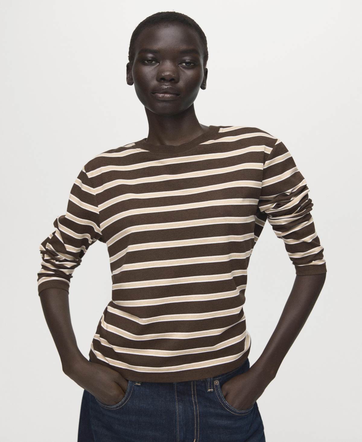 Click here for Mango Womens Long-Sleeved Striped T-Shirt - Brown prices