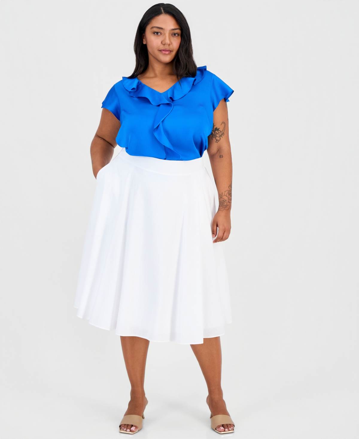 Click here for Tahari Asl Plus Size Pleated Cotton Midi Skirt - I... prices