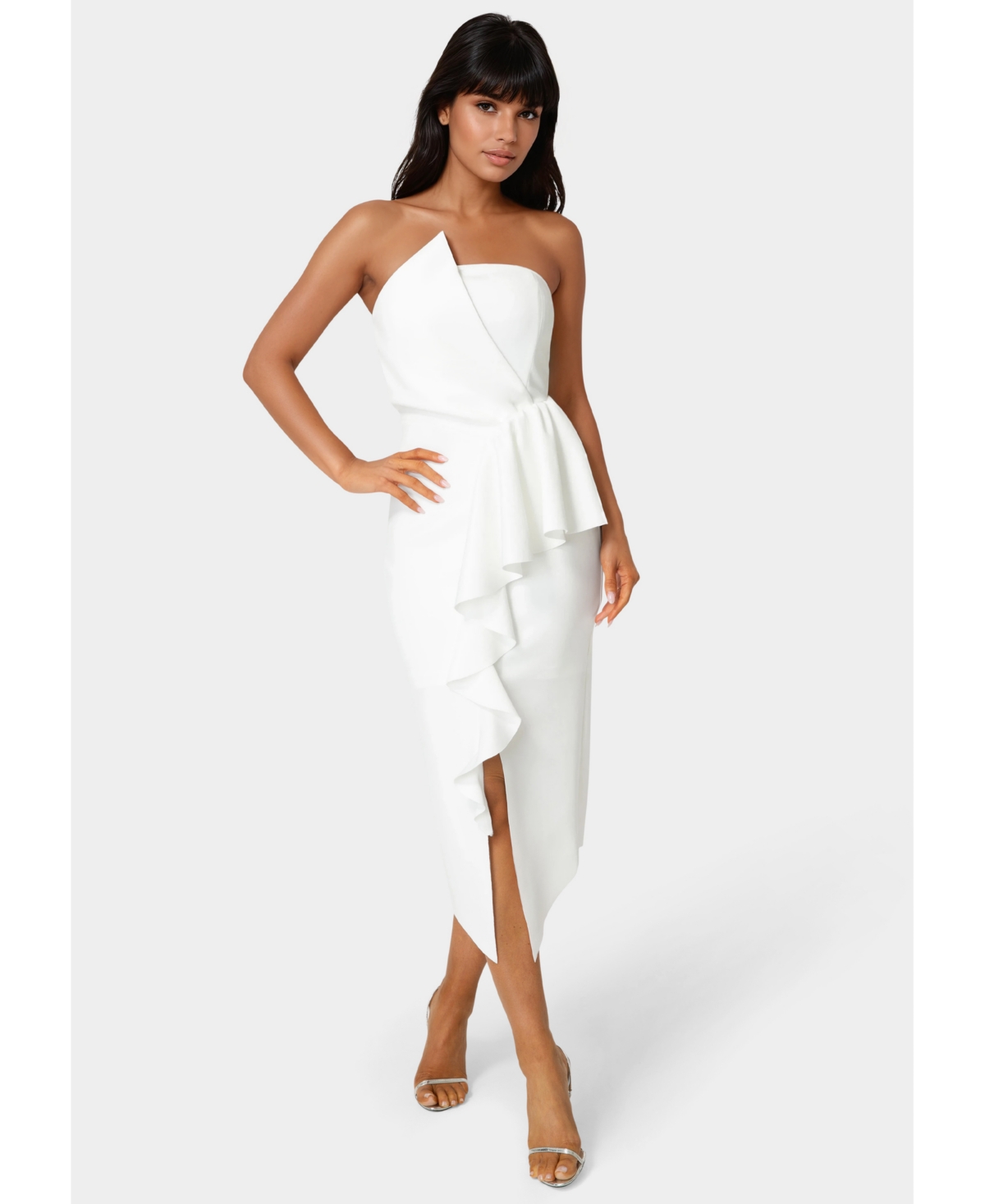 Click here for Bebe Womens Strapless Cascade Midi Dress - Ivory prices