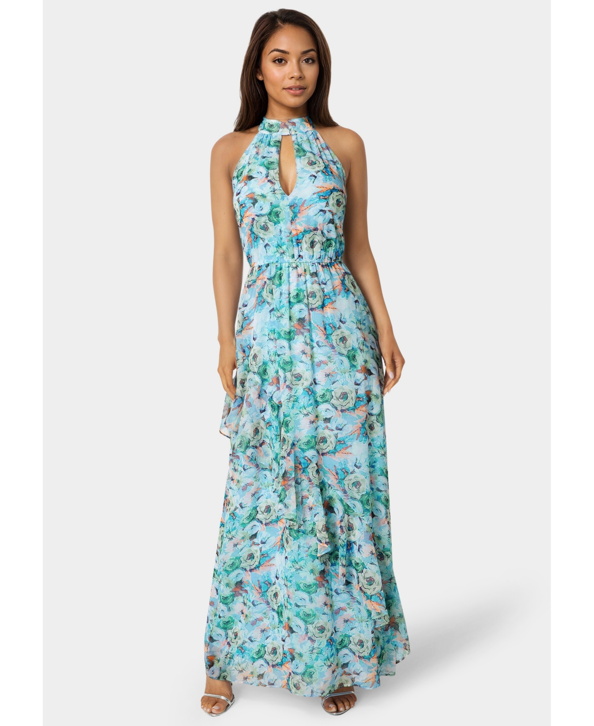 Click here for Bebe Womens Printed Chiffon Halter Ruffle Dress -... prices