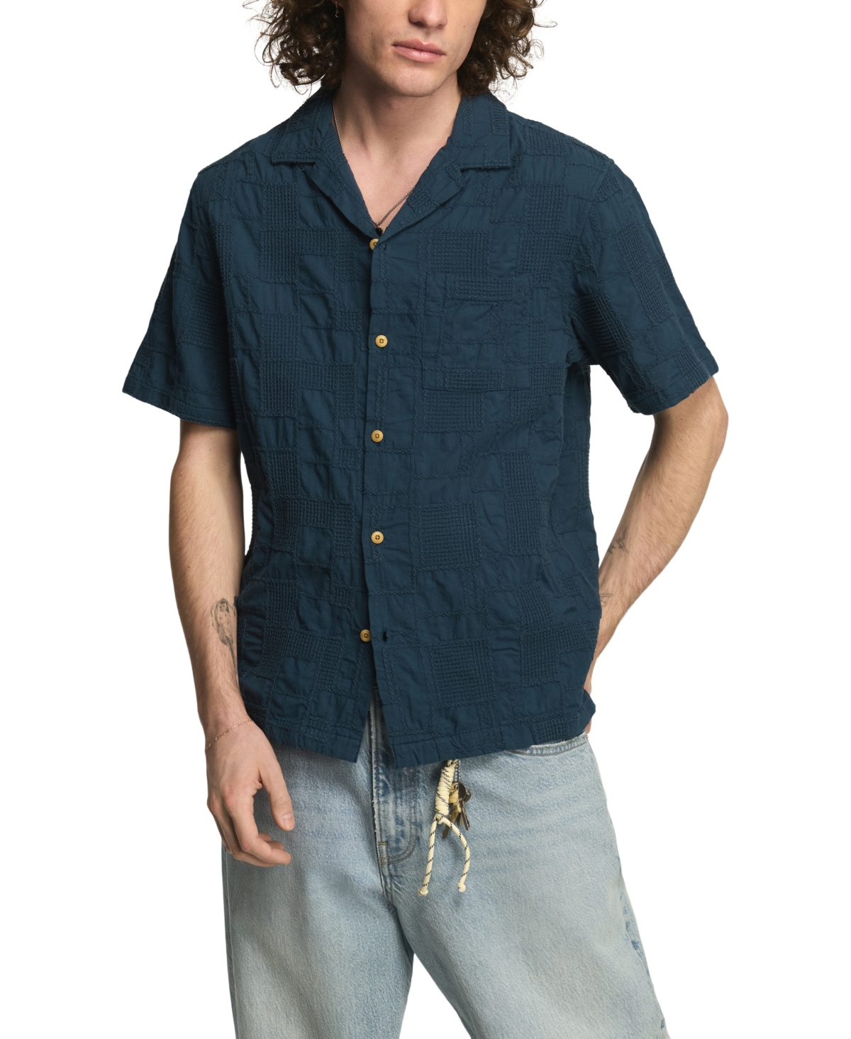 Click here for Lucky Brand Mens Novelty Camp Collar Shirt - Blue... prices