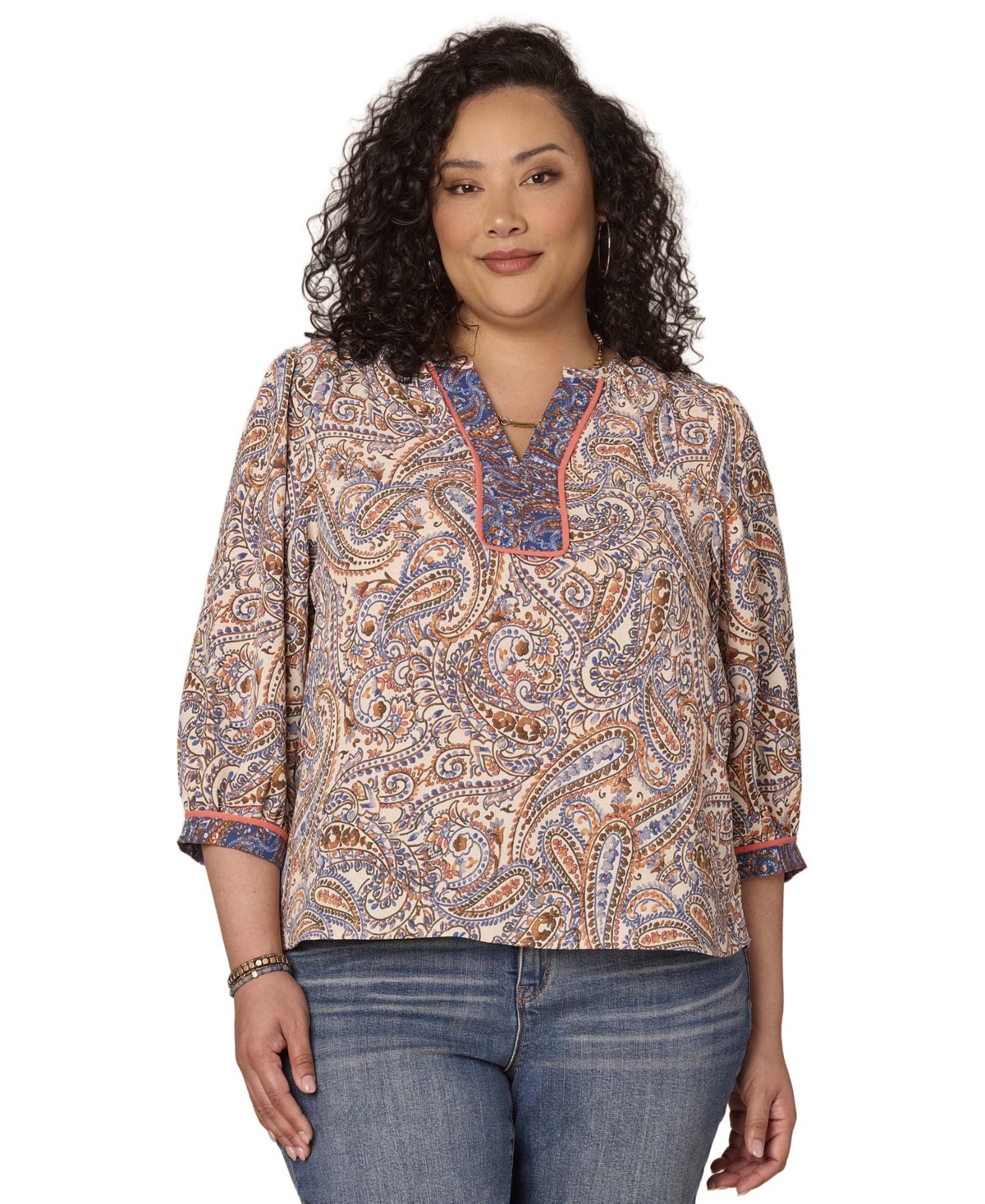 Click here for Democracy Plus Size Notch-Neck Top - Ivory/Cobalt... prices
