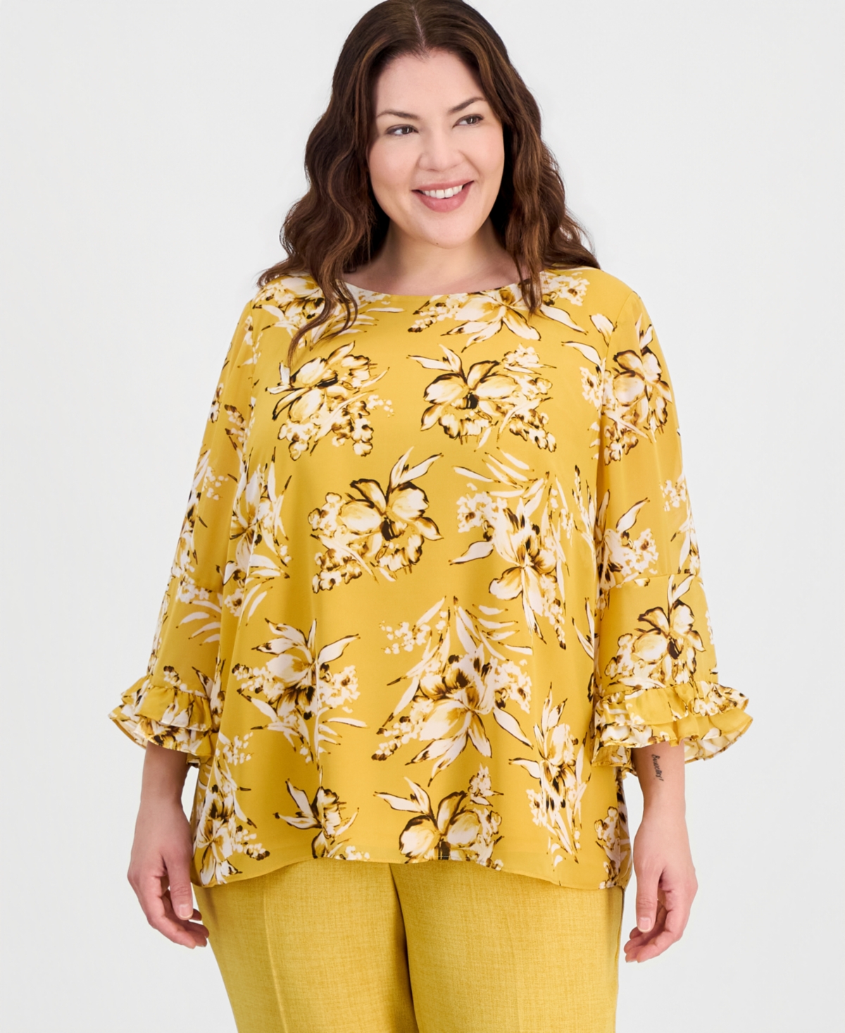 Click here for Kasper Plus Size Boat-Neck Ruffled-Cuff Top - Butt... prices