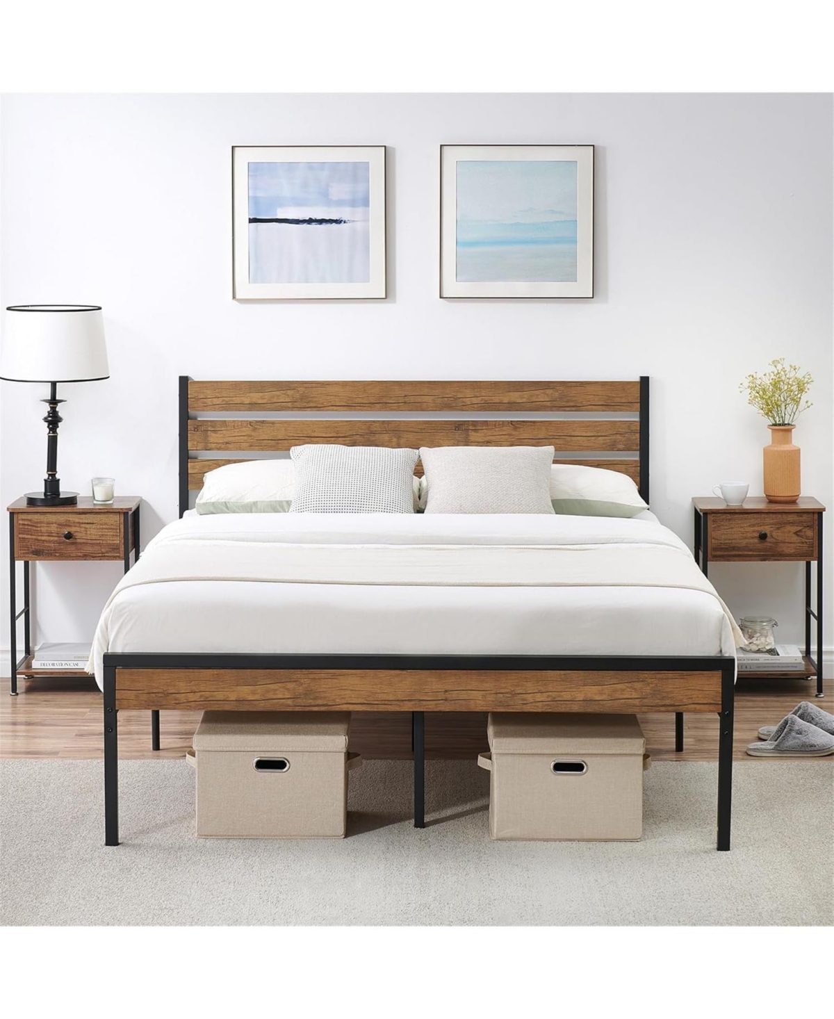 Click here for gaomon Bed Frame Rustic Brown Wood Farmhouse Metal... prices