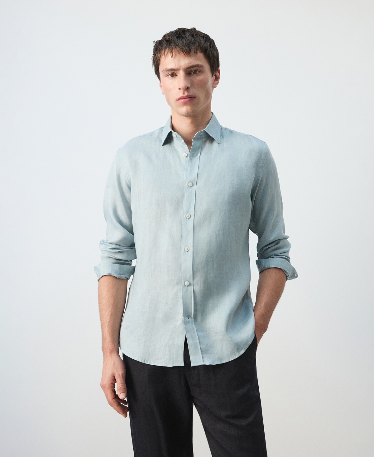 Click here for Mango Mens Regular-Fit Linen Shirt - China Blue prices