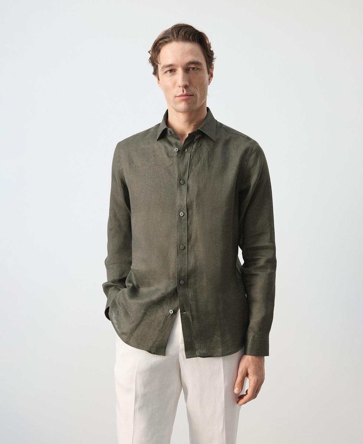 Click here for Mango Mens Regular-Fit Linen Shirt - Medium Green prices