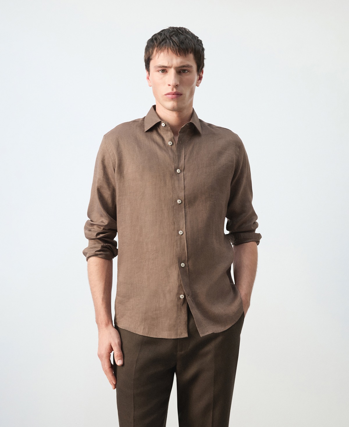 Click here for Mango Mens Regular-Fit Linen Shirt - Chocolate prices
