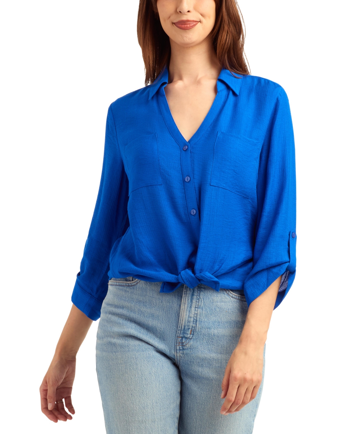 Click here for Bcx Womens Textured Button-Front Top - Cobalt Blue prices
