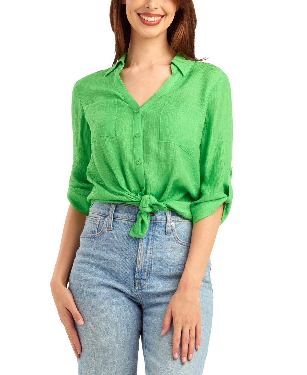 Click here for Bcx Womens Textured Button-Front Top - Lime prices