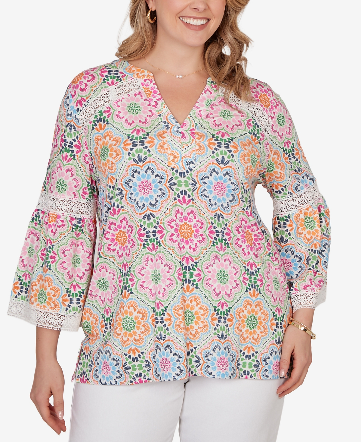 Click here for Ruby Rd. Plus Size Medallion Print Lace Detail Kni... prices