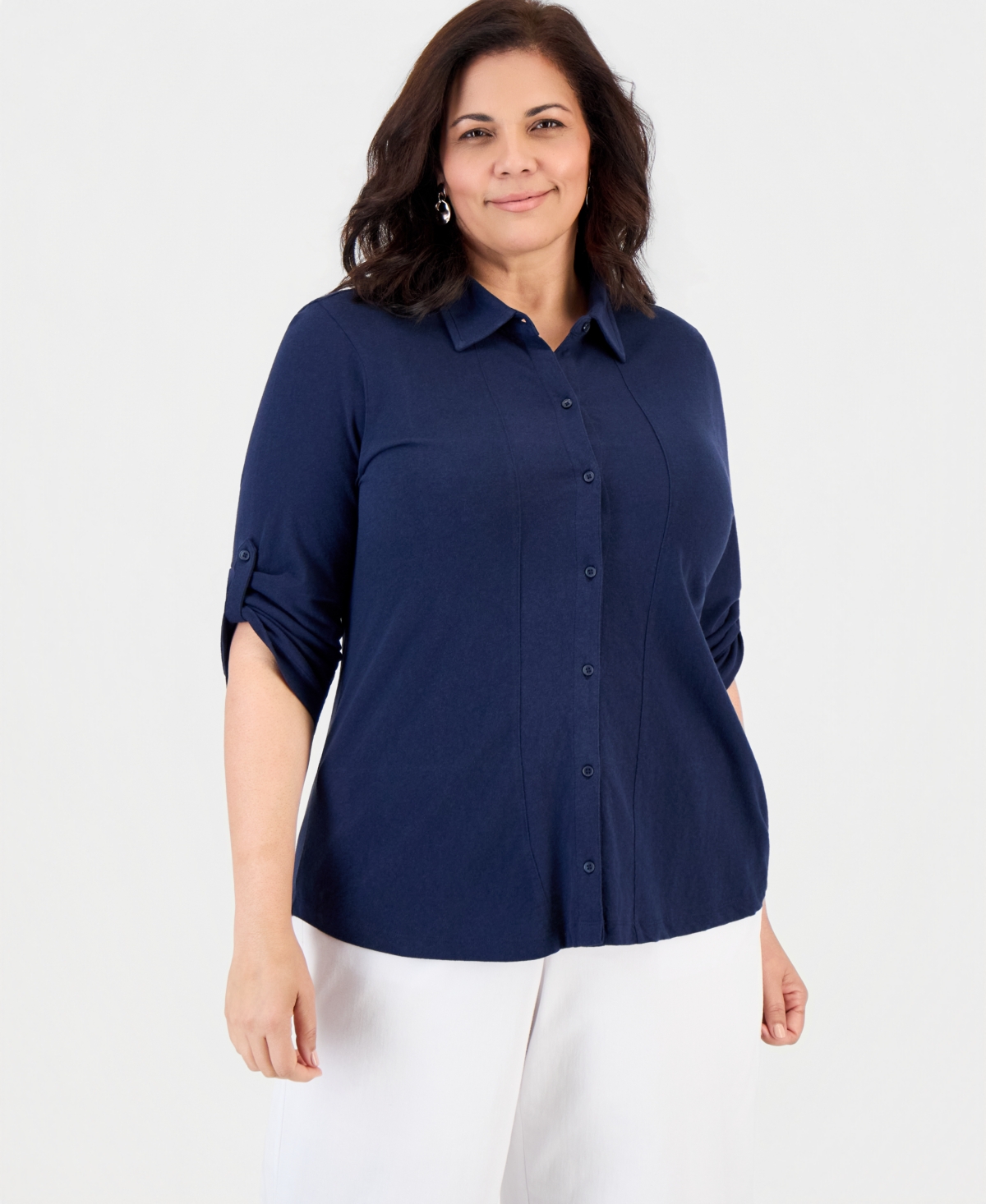 Click here for Style & Co Plus Size Knit Roll-Tab Shirt  Macys Ex... prices