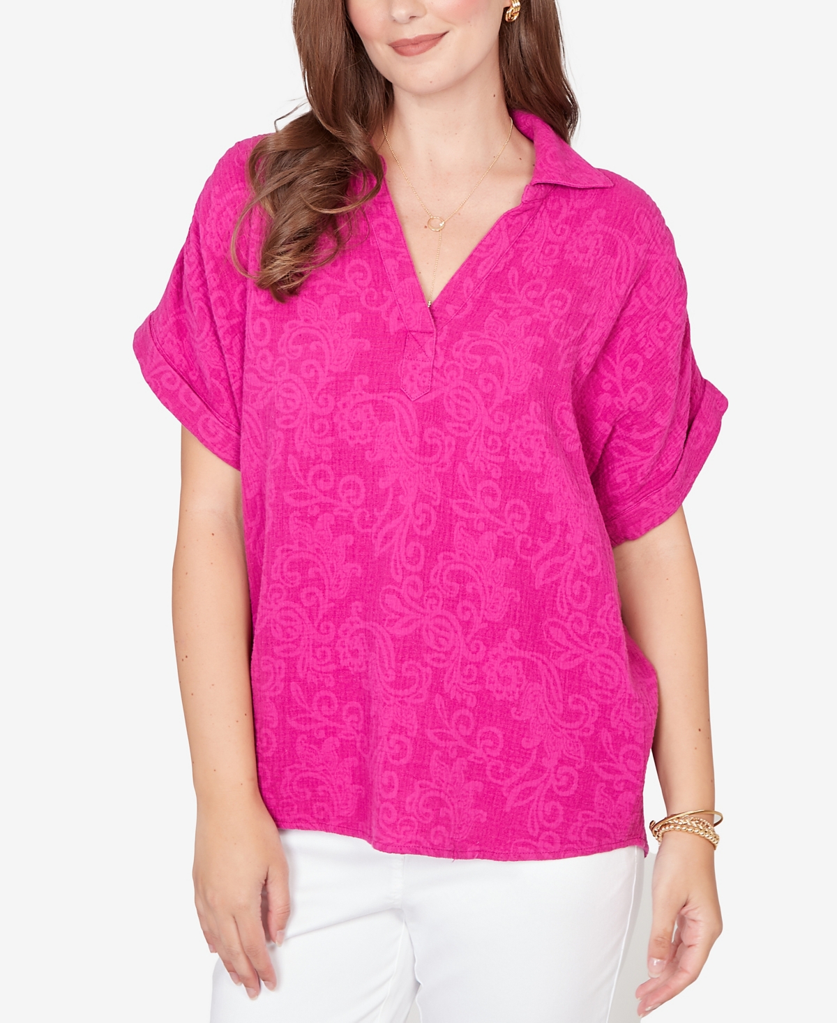 Click here for Ruby Rd. Petite Paisley Embossed Gauze Camp Shirt... prices