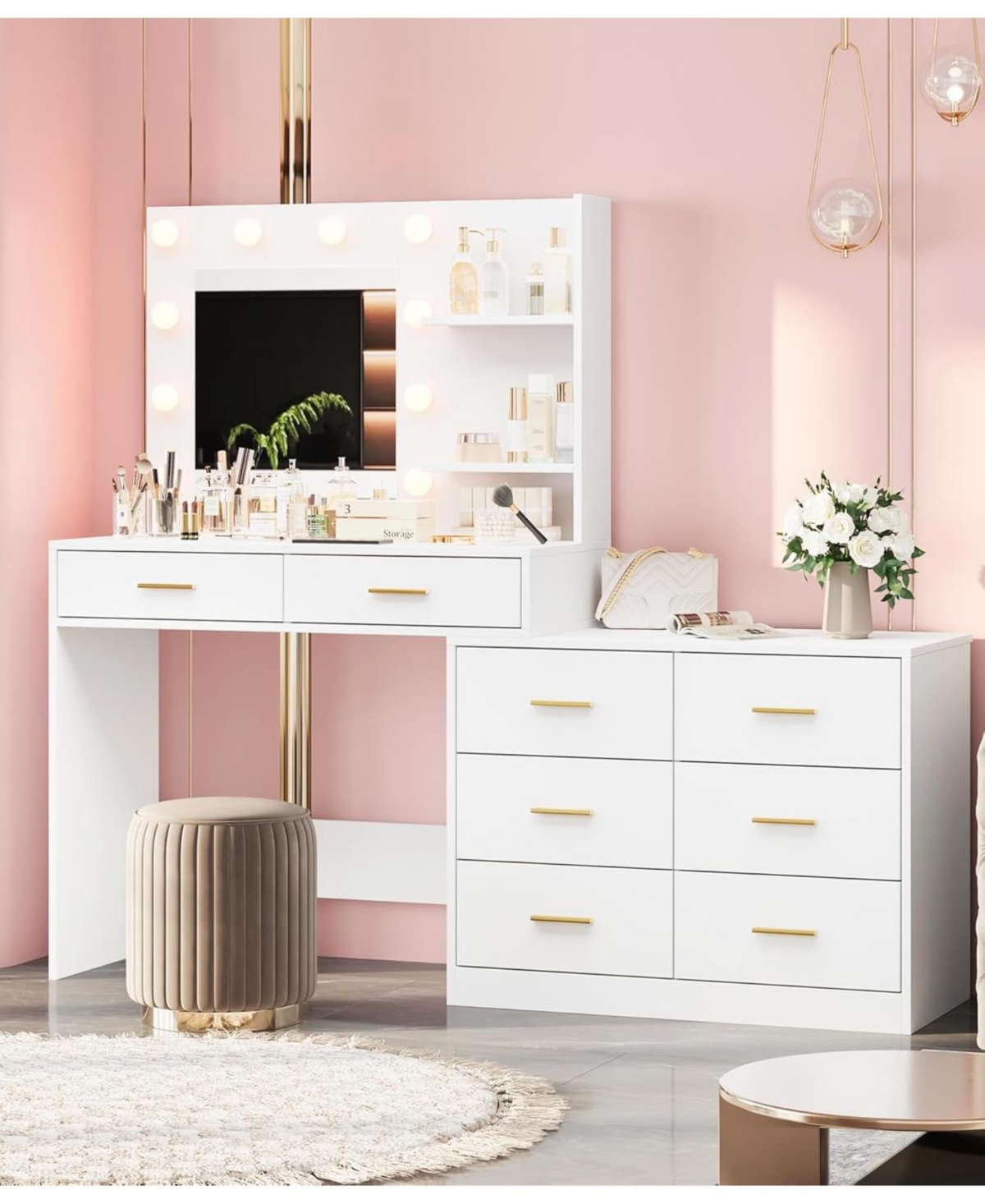 Click here for gaomon Vanity Desk with Lighted Mirror  8 Storage... prices