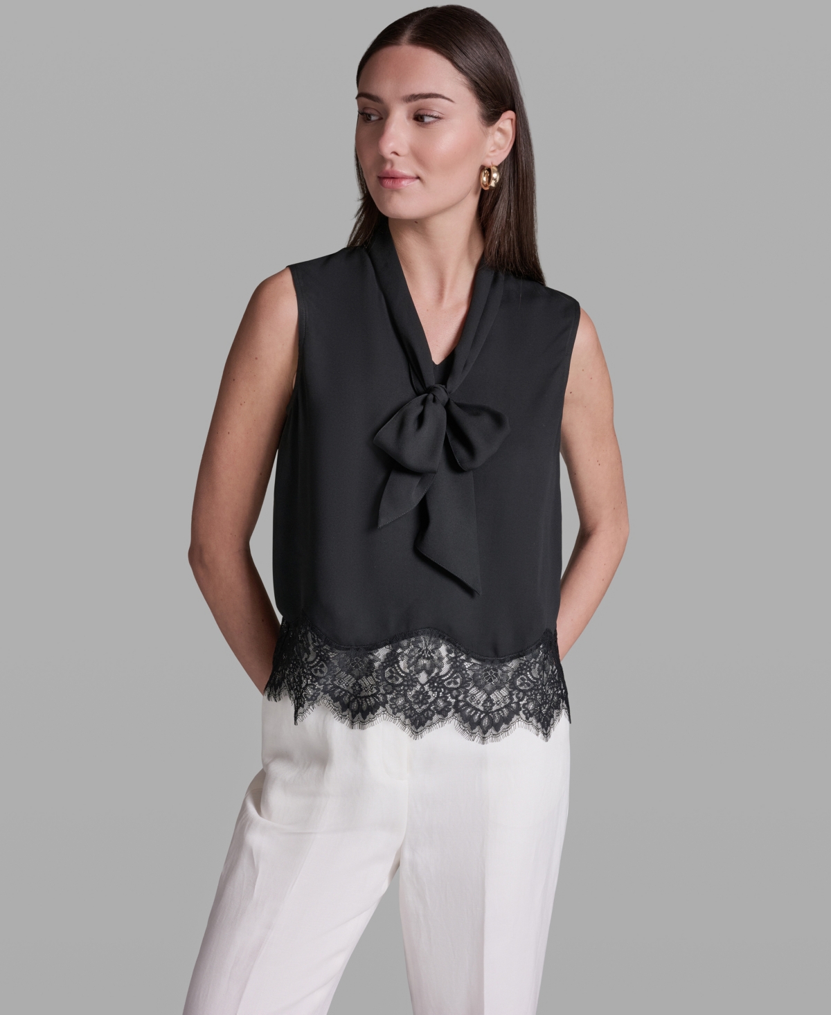 Click here for Bcbg Womens Sleeveless Tie-Neck Top - Black prices