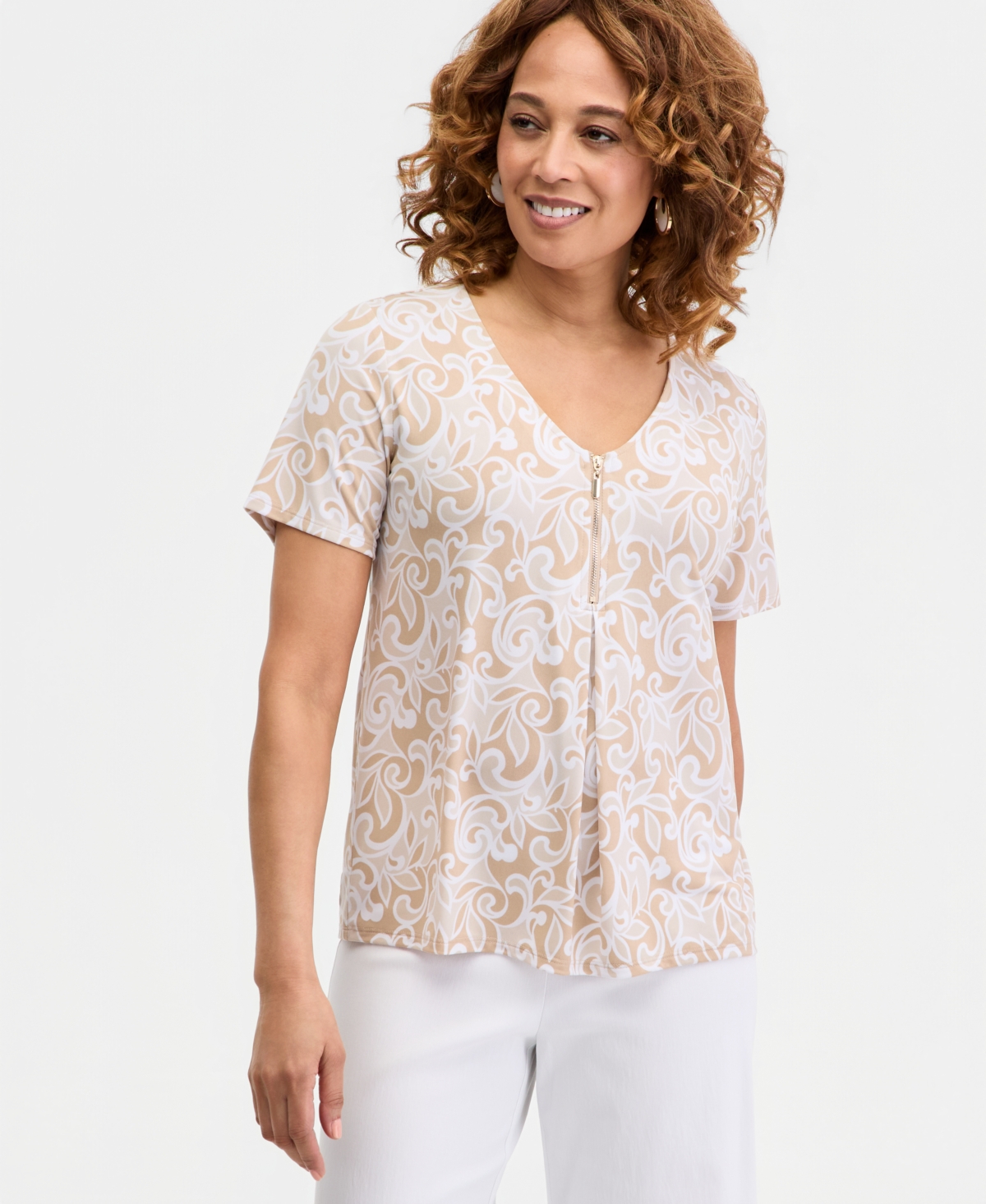 Click here for Jm Collection Petite Scroll Zipper V-Neck Top  Mac... prices