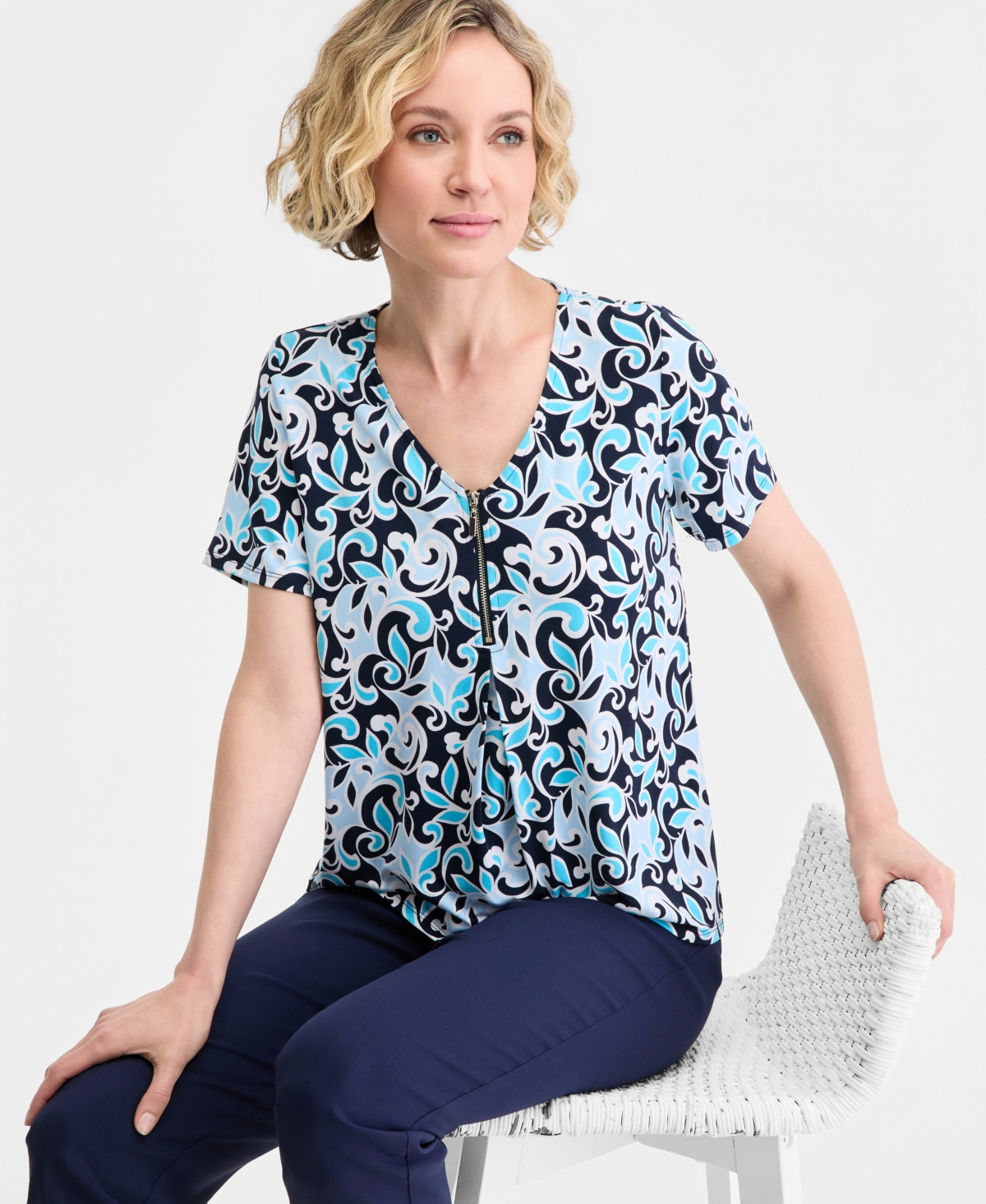 Click here for Jm Collection Petite Scroll Zipper V-Neck Top  Mac... prices