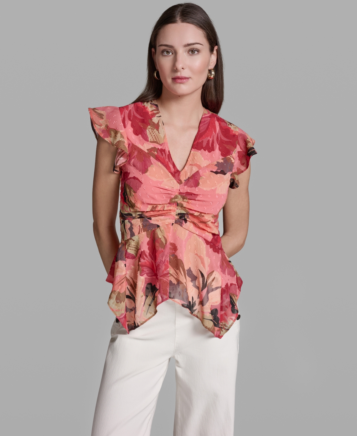 Click here for Bcbg Womens Ruched Flutter-Sleeve Printed Top - Be... prices