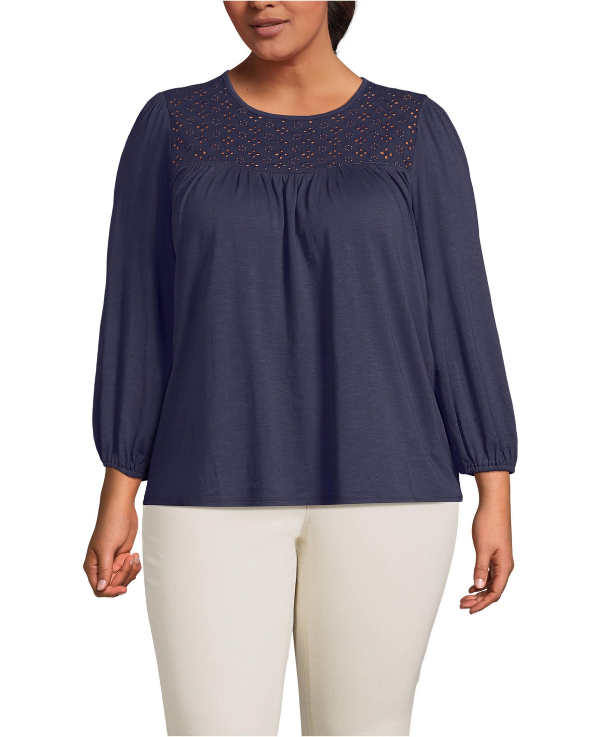 Click here for Lands End Plus Size 3/4 Sleeve Eyelet Mix Flowy To... prices
