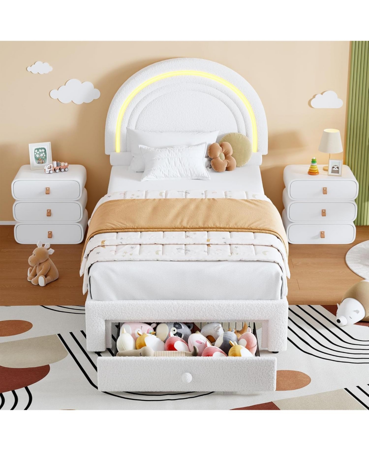 Click here for gaomon Bed Frame for Kids Boucle Platform Led Rain... prices