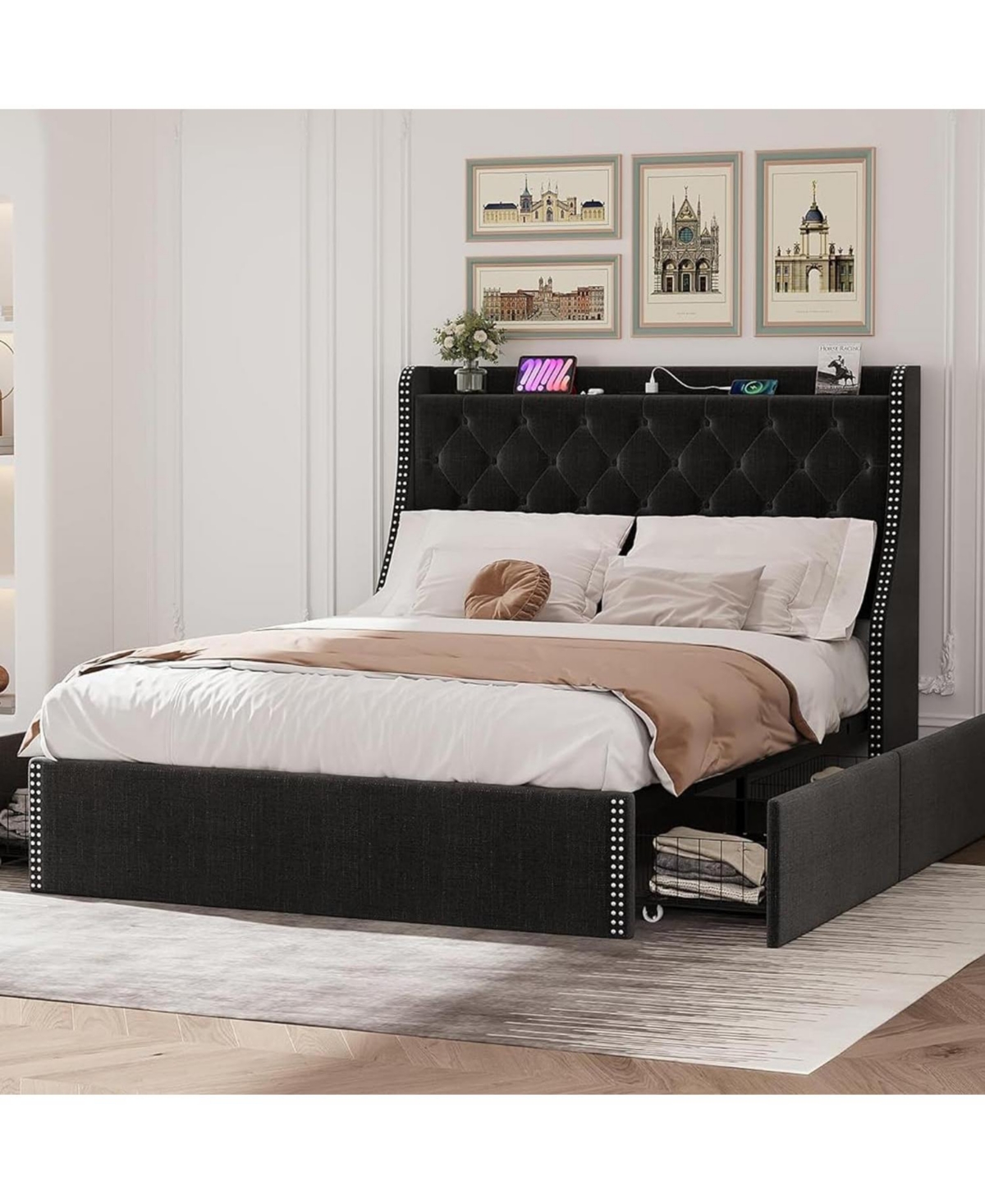 Click here for gaomon Bed Frame with 4 Storage Drawers  Wingback... prices