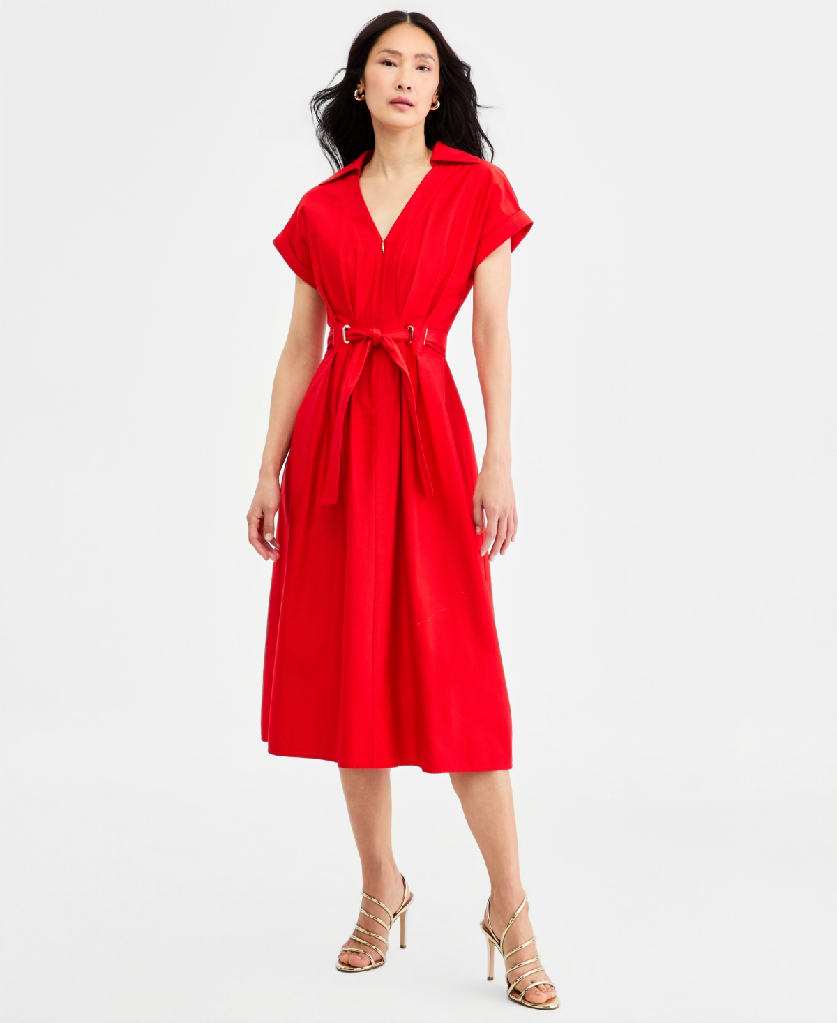 Click here for Halston Womens Collared Belted Grommet-Waist Midi... prices
