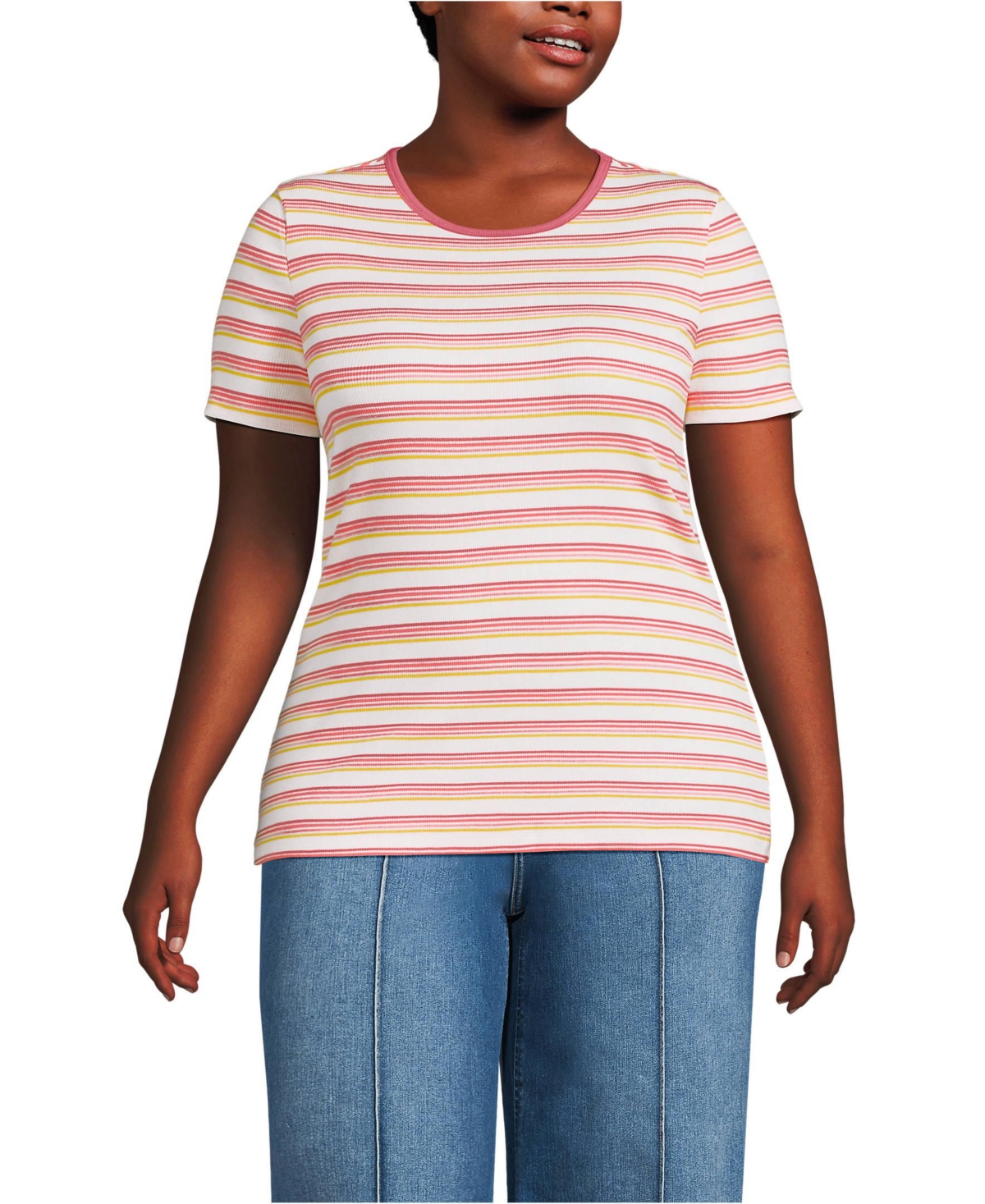 Click here for Lands End Plus Size Micro Rib T-Shirt - Ivory/cora... prices