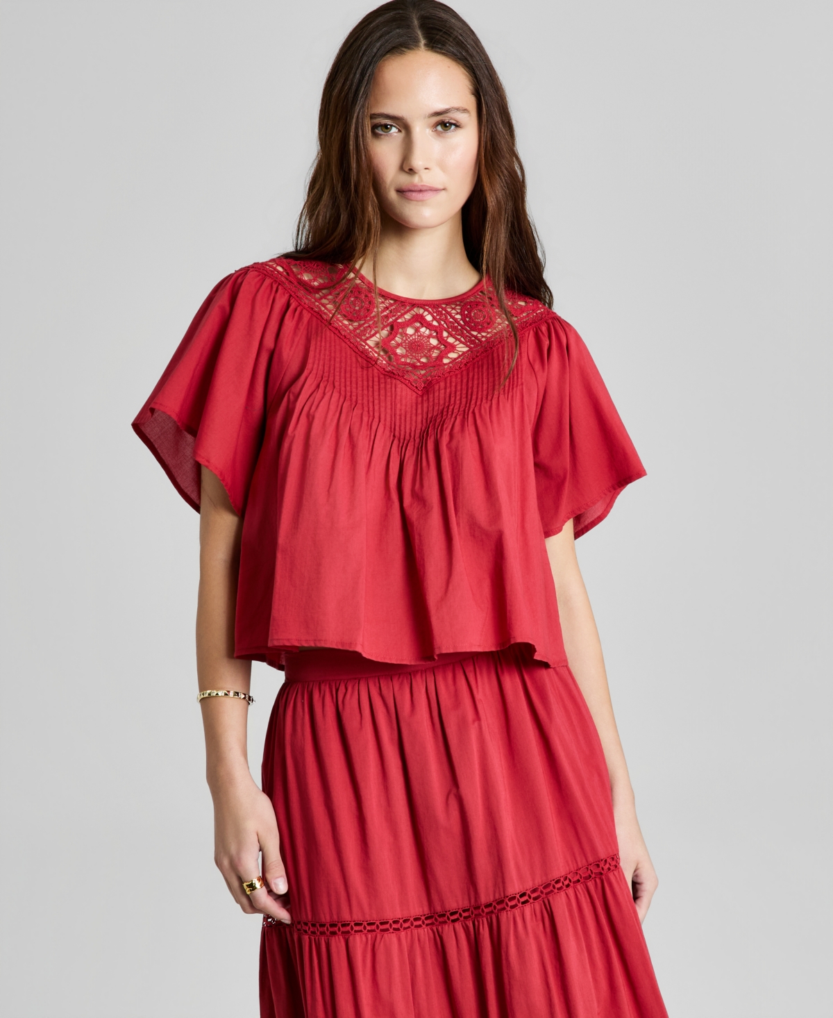 Click here for And Now This Womens Cotton Crochet-Trim Short-Slee... prices
