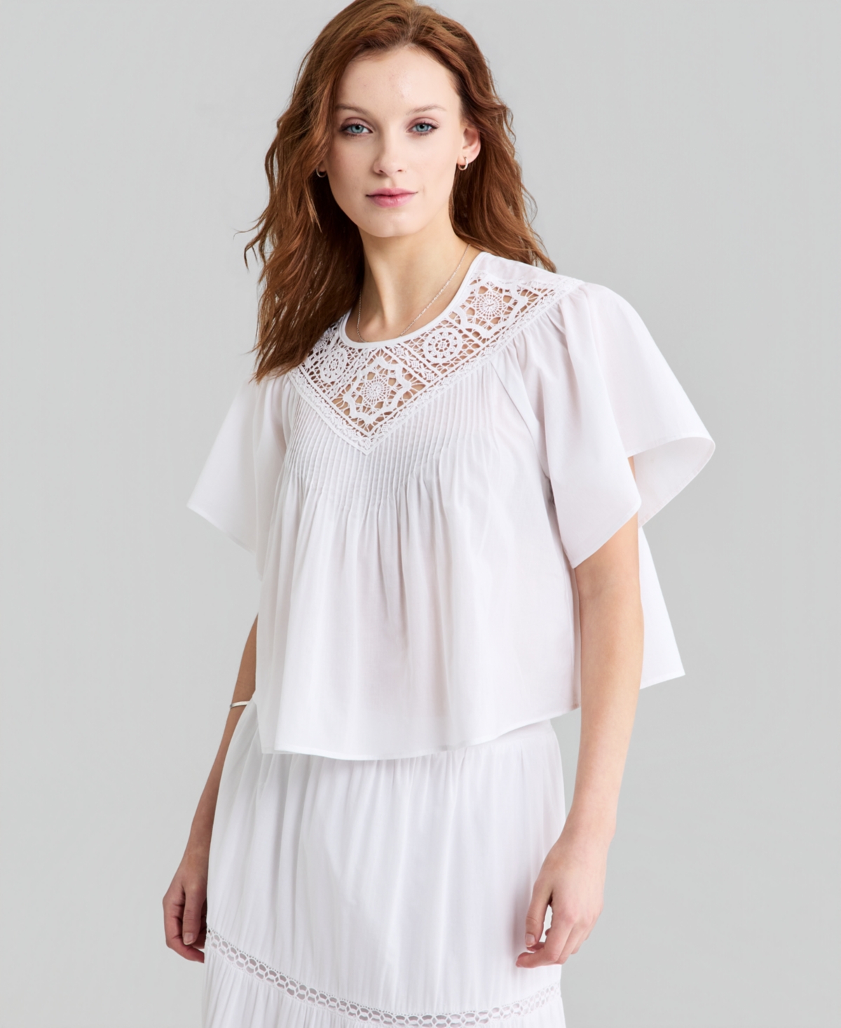 Click here for And Now This Womens Cotton Crochet-Trim Short-Slee... prices