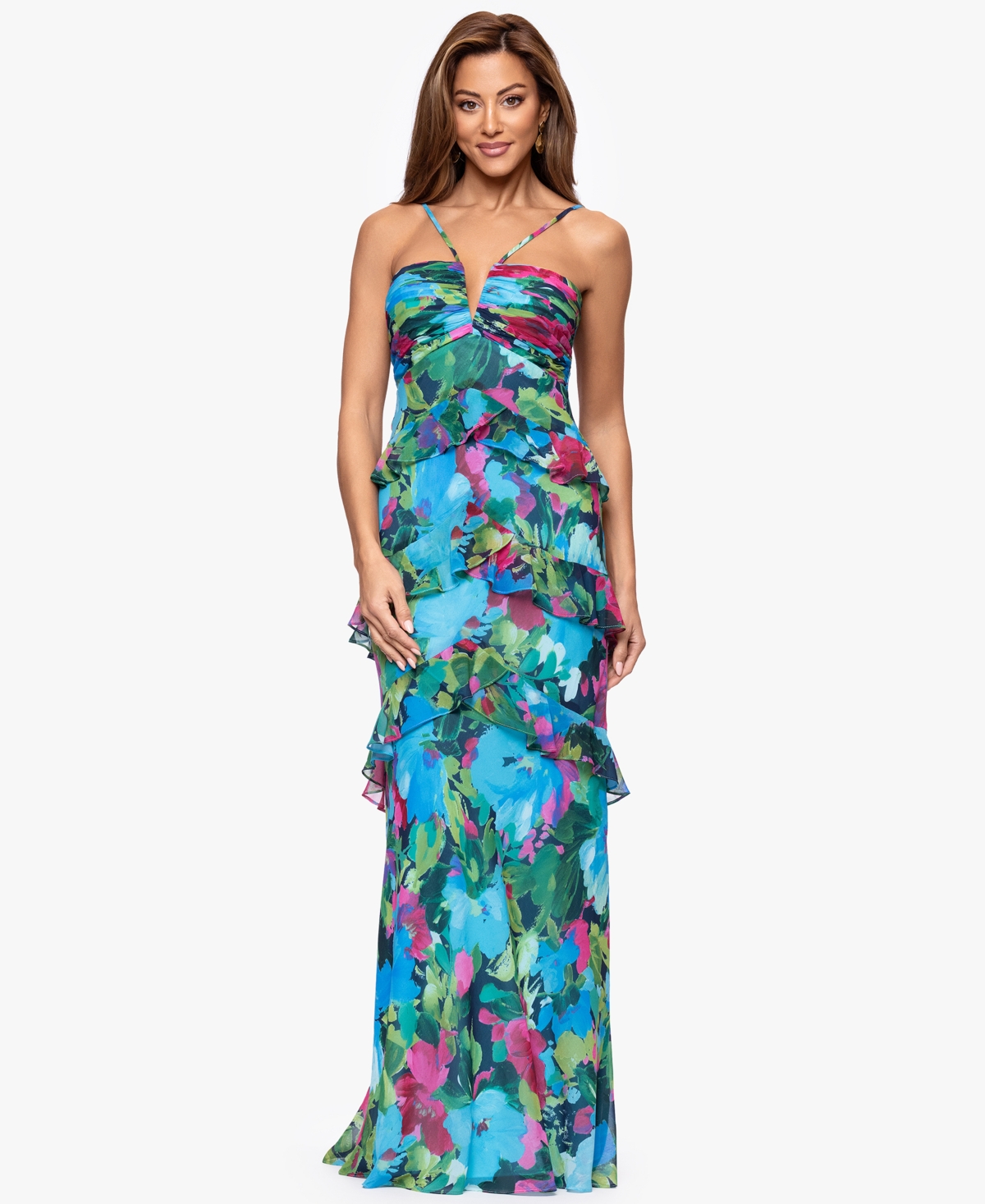 Click here for Xscape Petite Floral Printed Tiered Ball Gown - Tu... prices