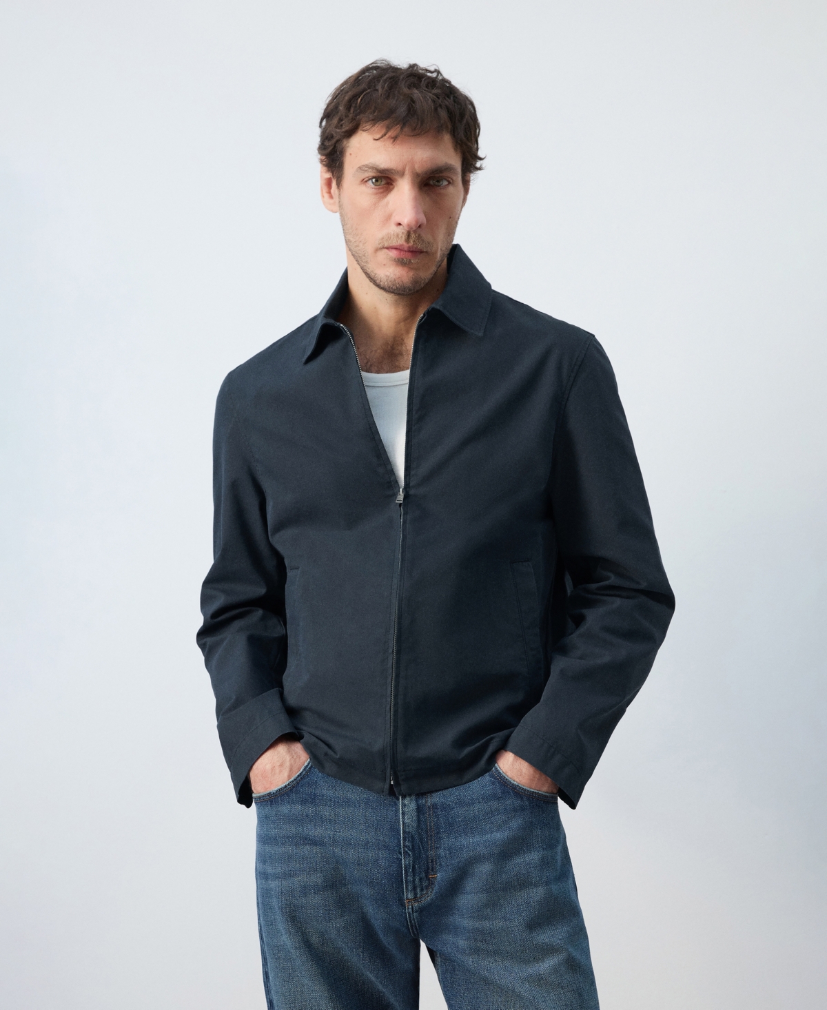 Click here for Mango Mens Lightweight Cotton Lyocell Jacket - Nav... prices