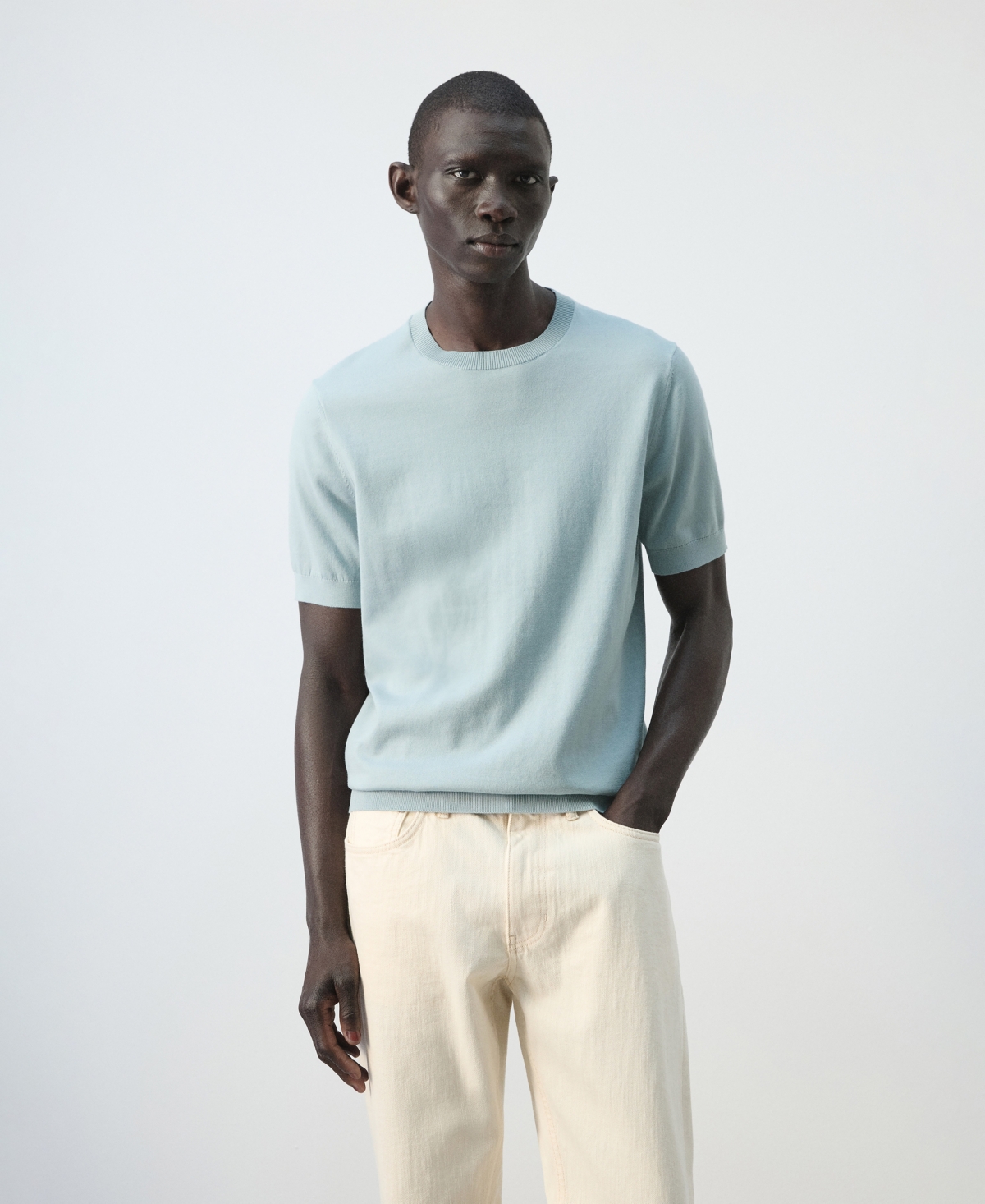 Click here for Mango Mens Cotton Fine-Knit T-Shirt - Aqua Green prices