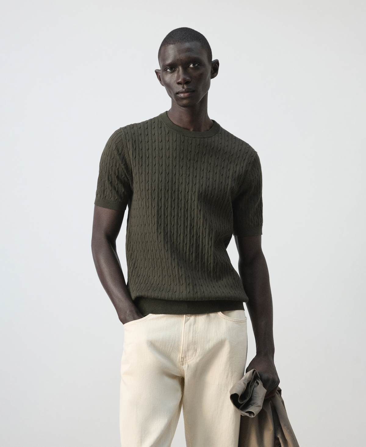 Click here for Mango Mens Cotton Cable-Knit T-Shirt - Chocolate prices