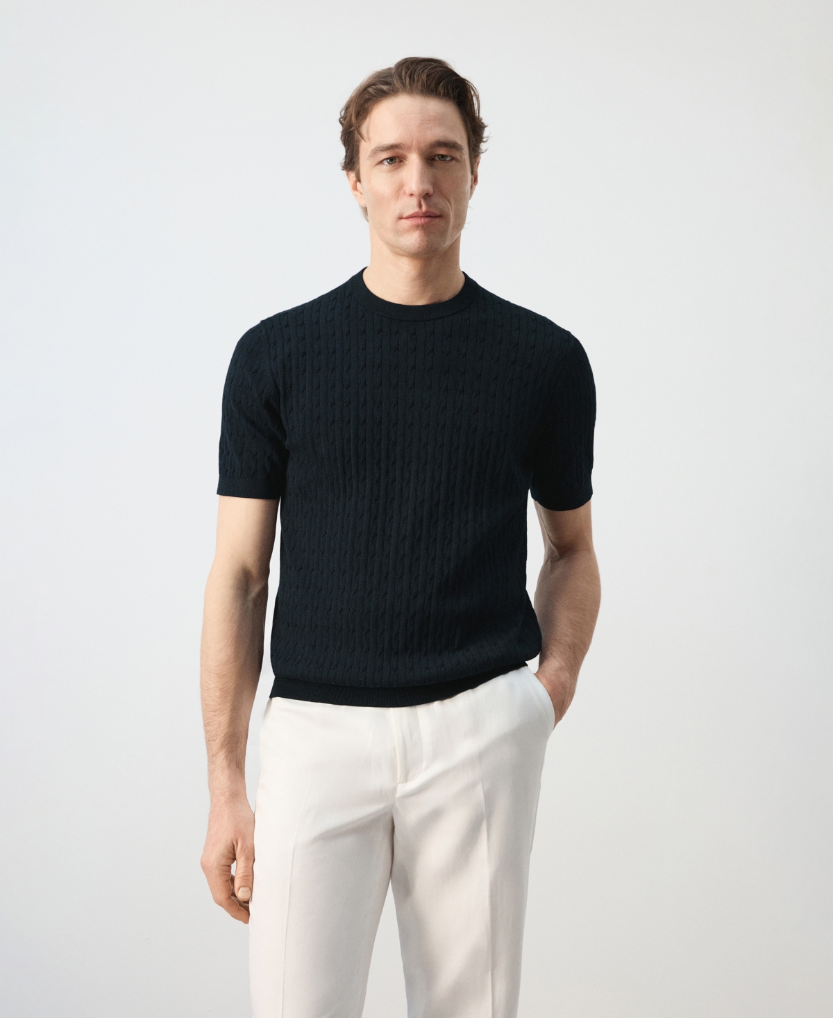Click here for Mango Mens Cotton Cable-Knit T-Shirt - Night Blue prices