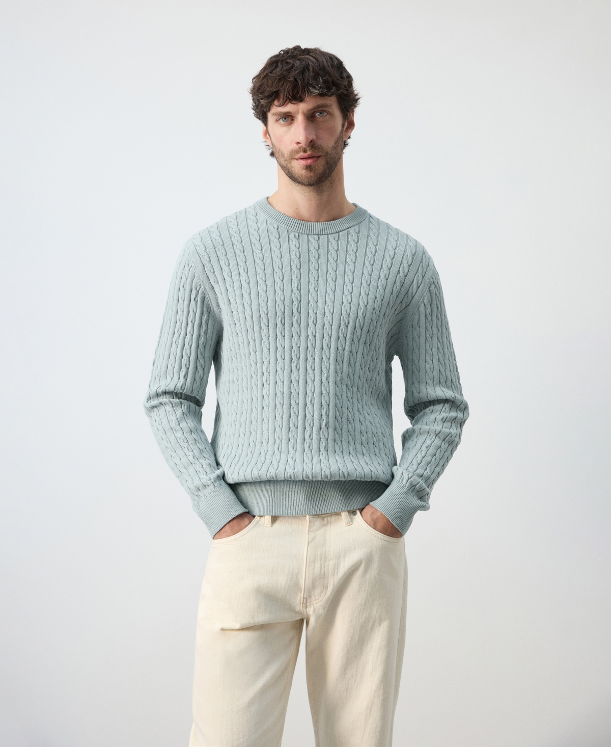 Click here for Mango Mens Cotton Cable-Knit Sweater - Aqua Green prices