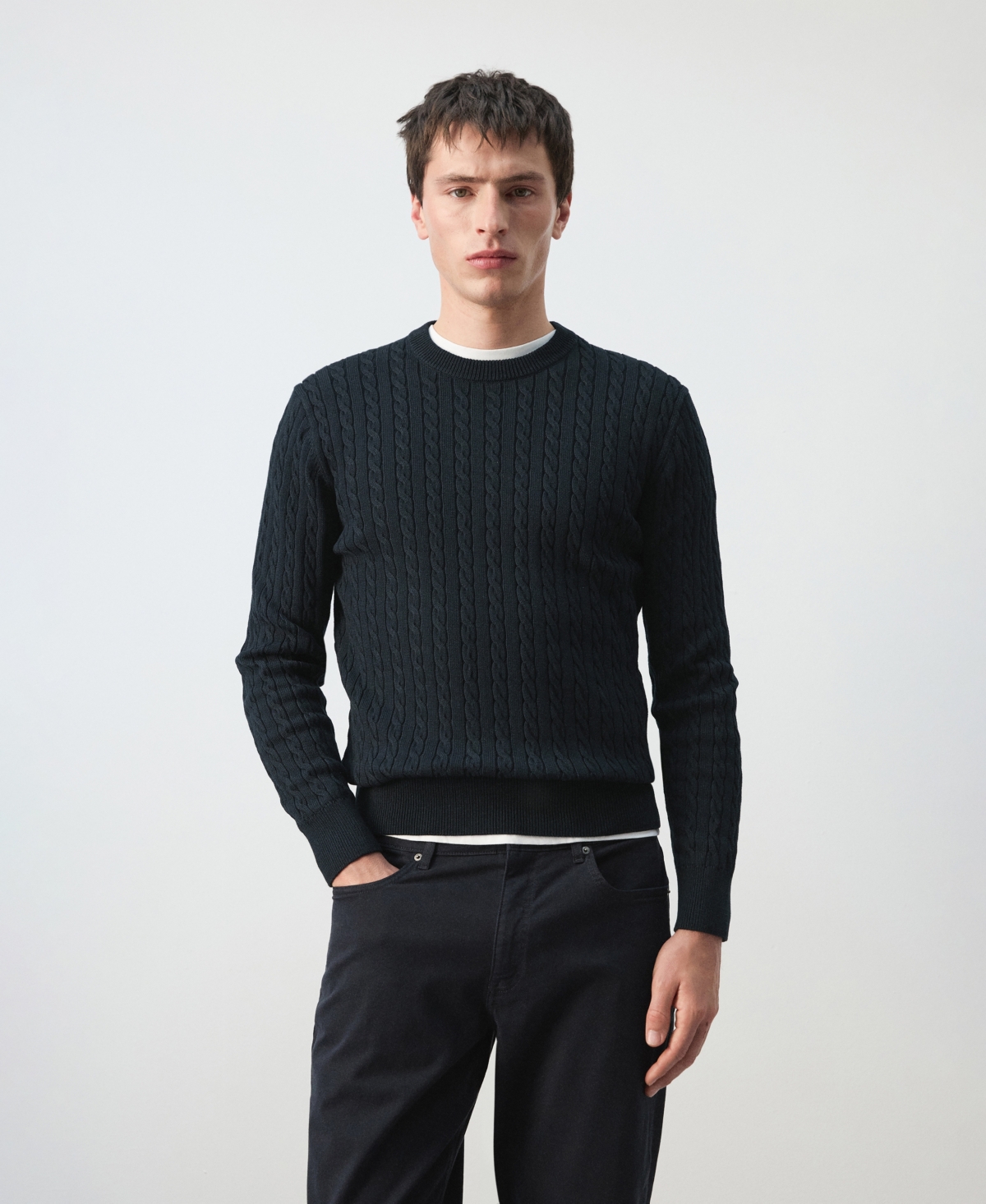 Click here for Mango Mens Cotton Cable-Knit Sweater - Night Blue prices