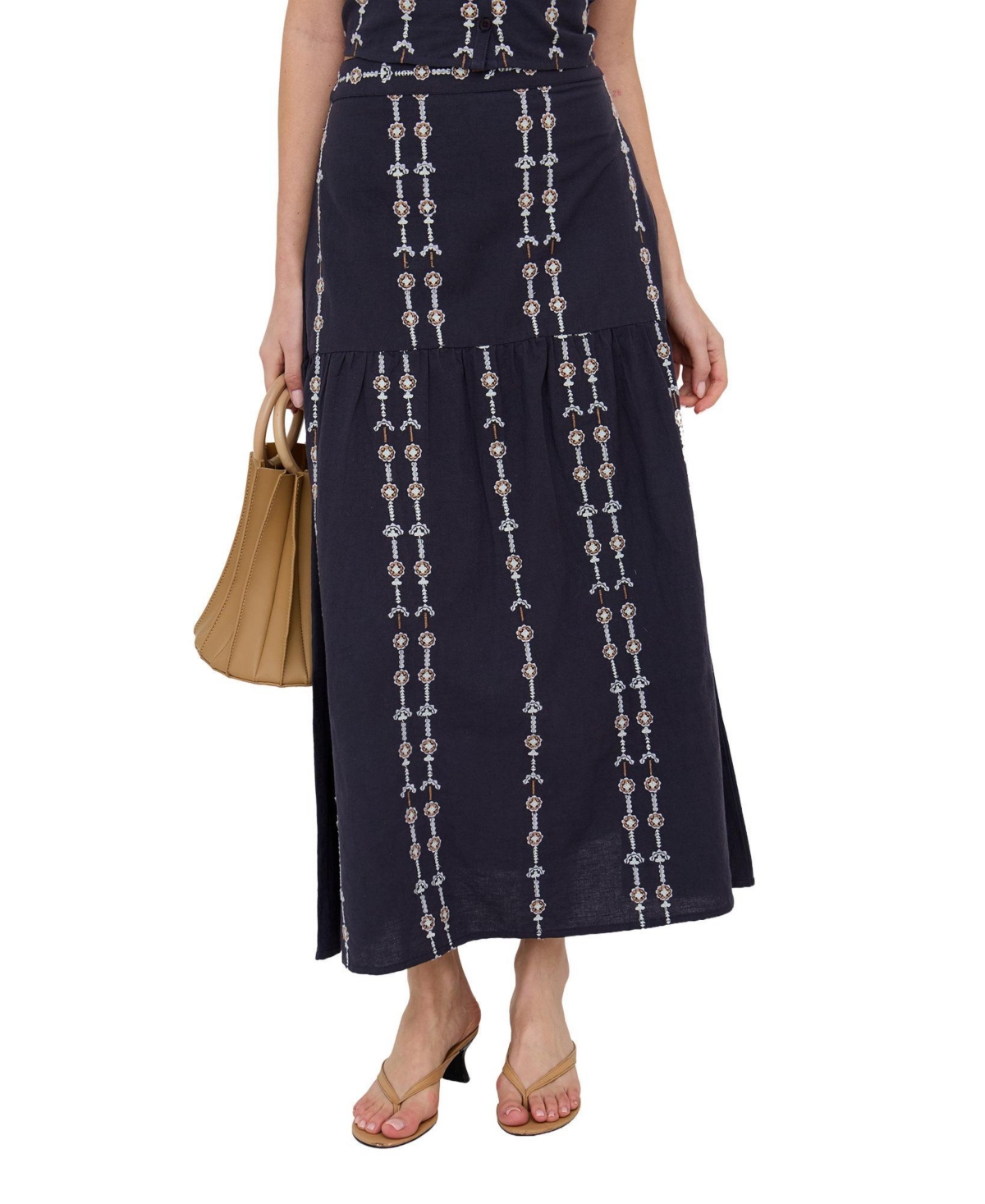 Click here for Raffya Womens Bolli Embroidered Maxi Skirt - Navy prices