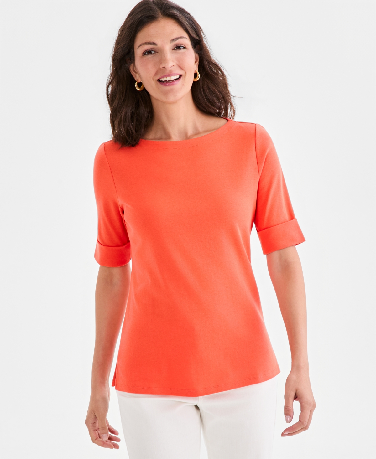 Click here for Style & Co Petite Cotton Elbow-Sleeve Boat-Neck To... prices